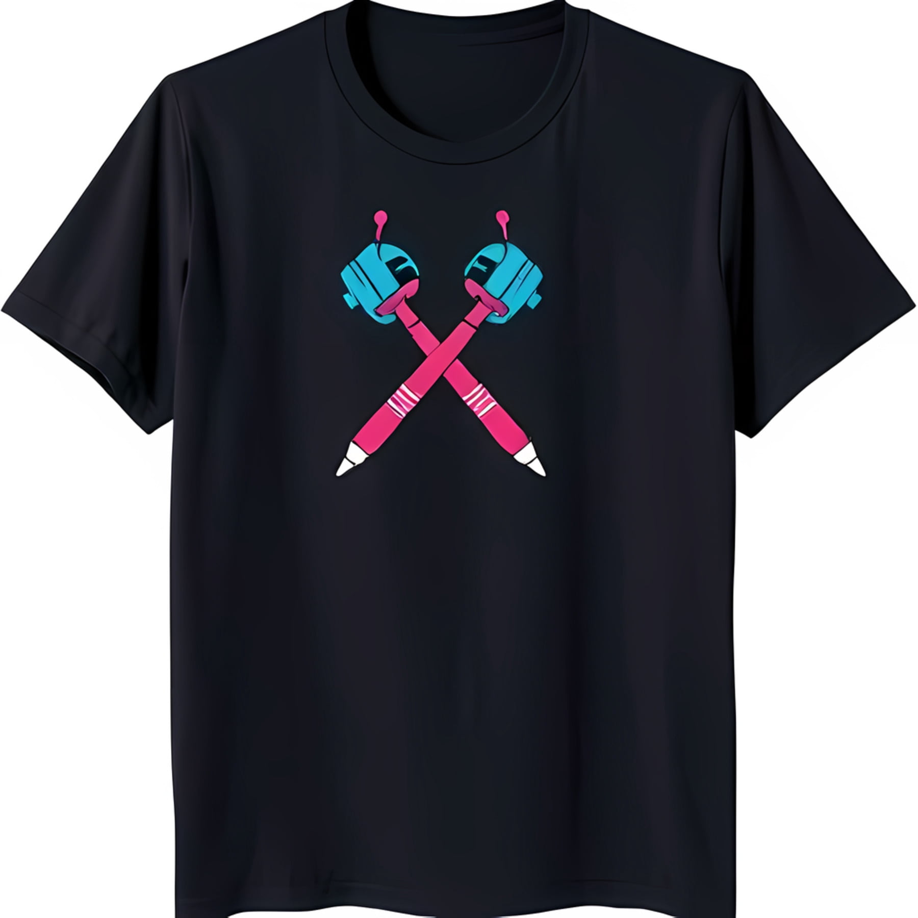 Black T-Shirt with Crossed Machines Design in Blue & Pink Unique Inked ...