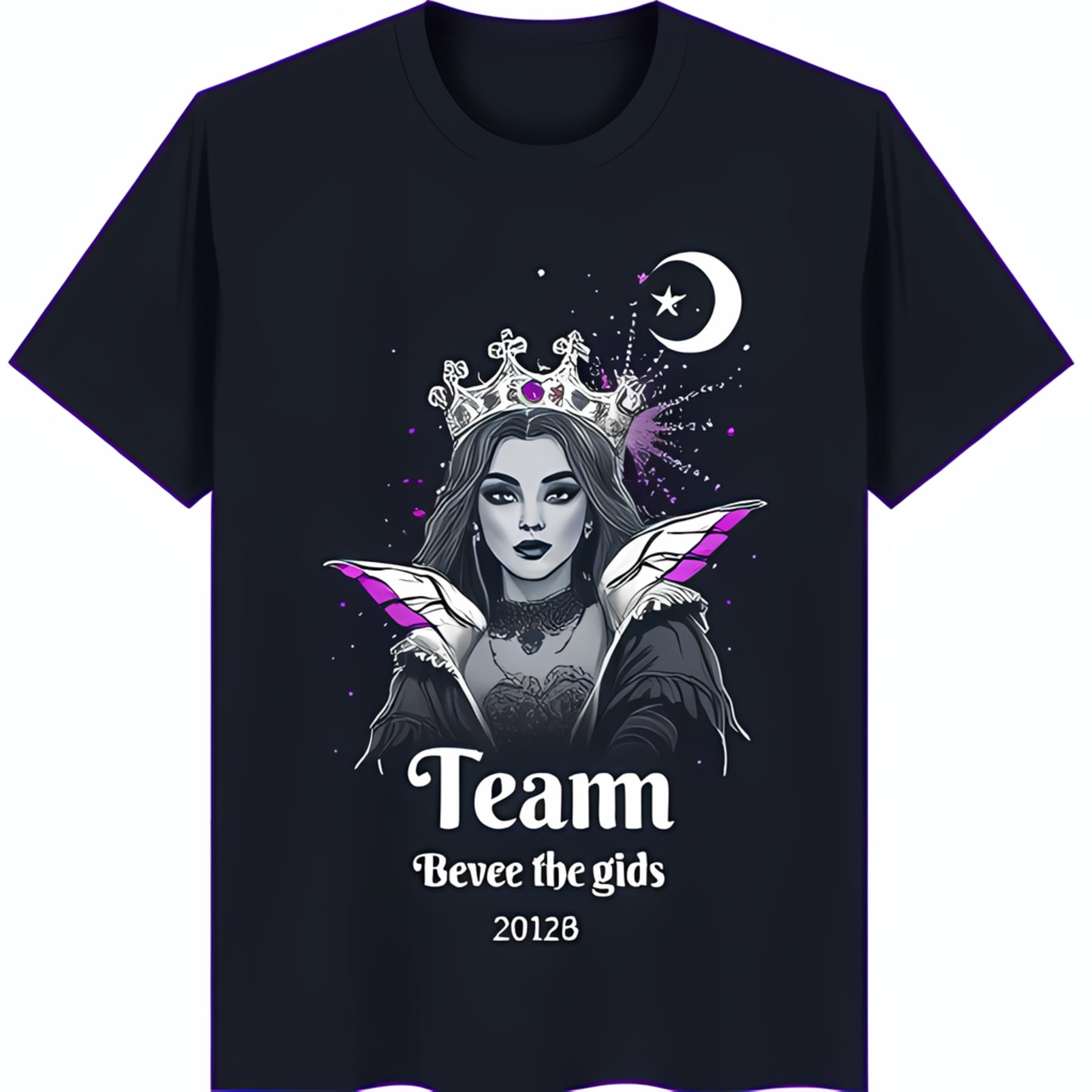 Black T-Shirt with Crowned Woman and Wing Design Highlights Team Bevee ...