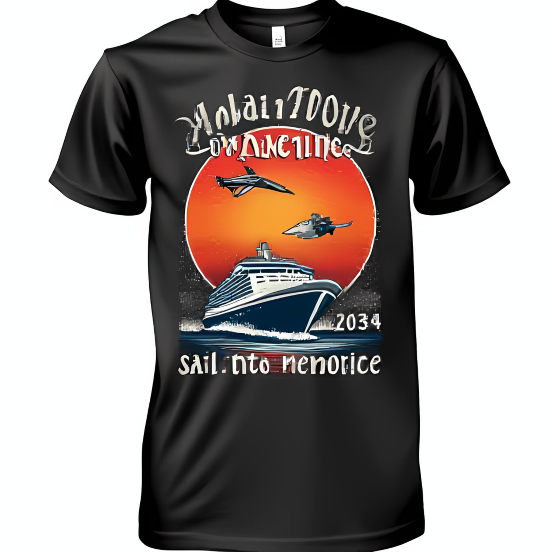 Black T-Shirt with Cruise Ship and Plane Graphic 'Sail into Memories ...