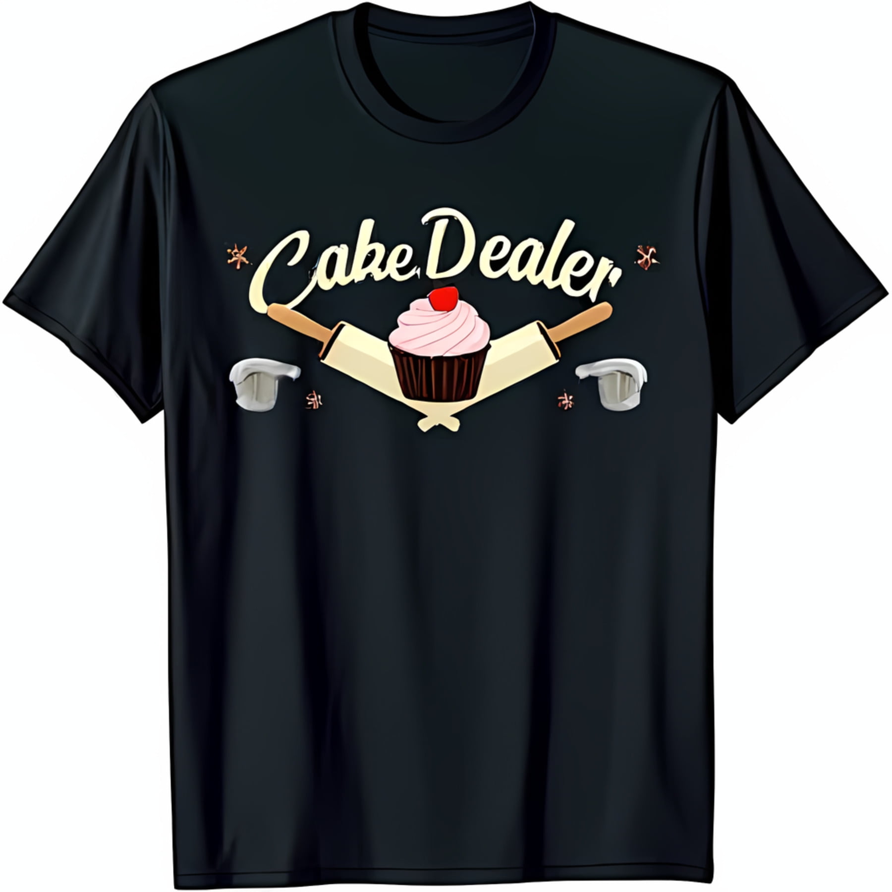 Black T-Shirt with Cupcake Design & Rolling Cake Dealer Graphic Tee ...