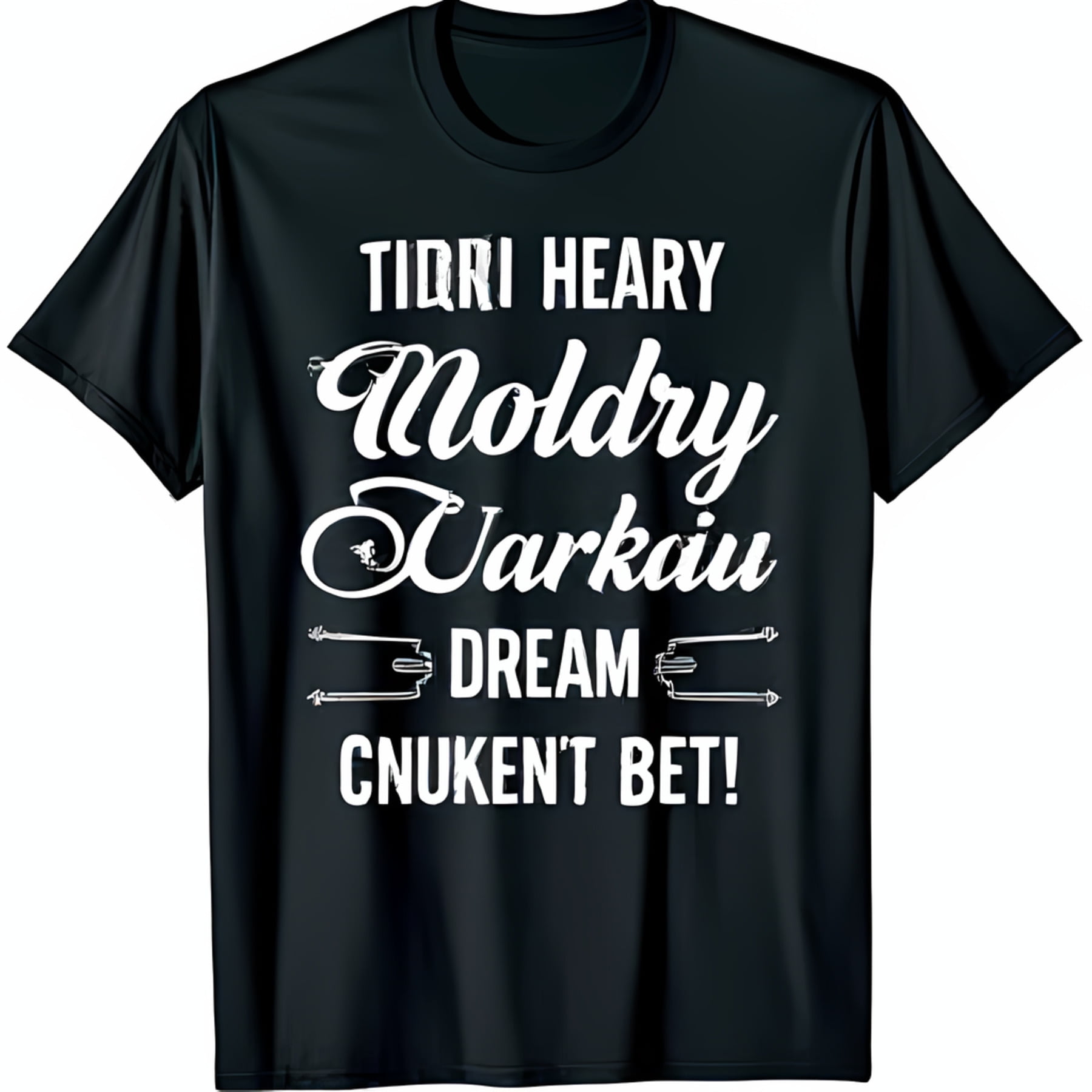 Black T-Shirt with Cursive Slogan 'Tidri Heary Moldry Varkau Dream Cnu ...