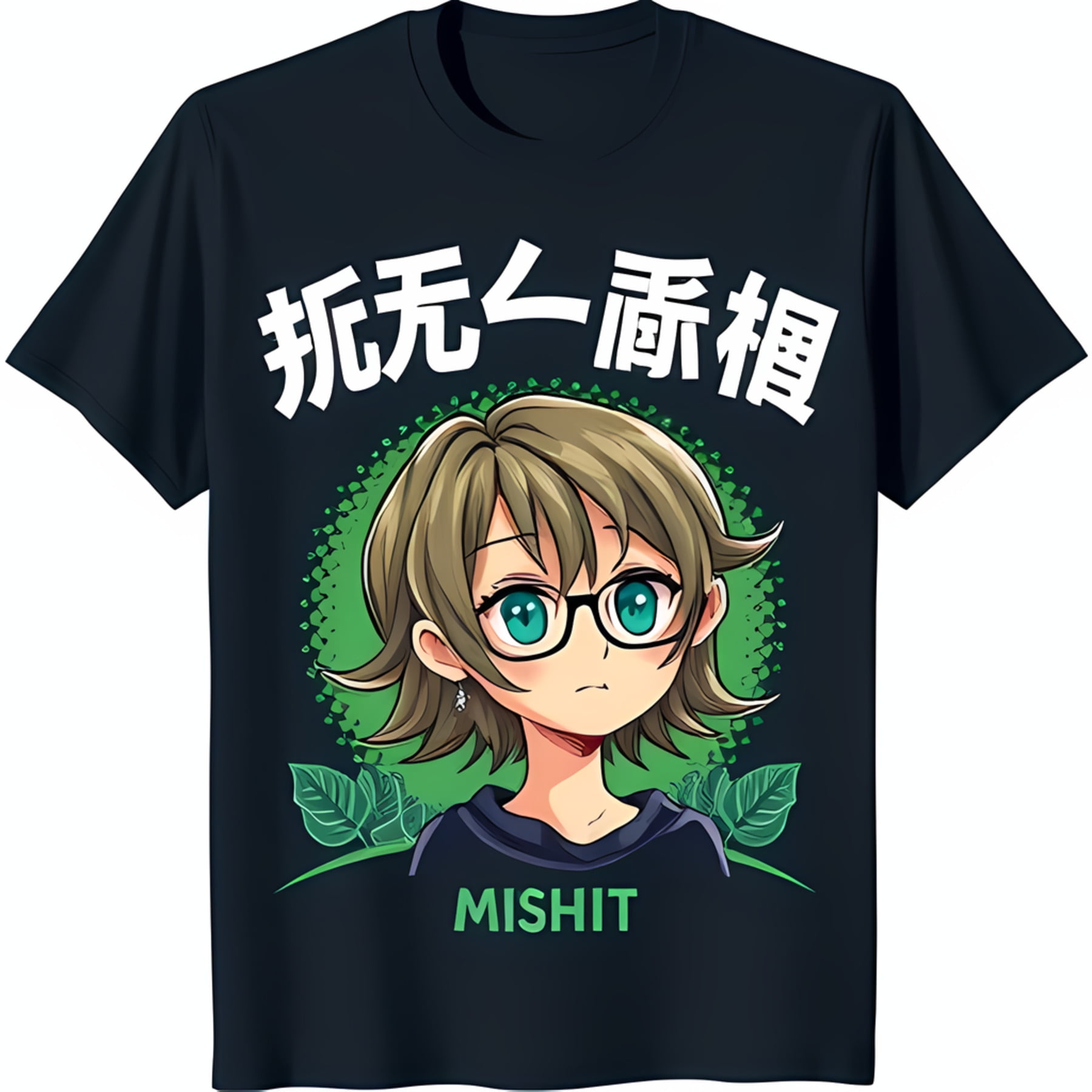 Black T-Shirt with Cute Anime Girl in Glasses Surrounded by Greenery ...