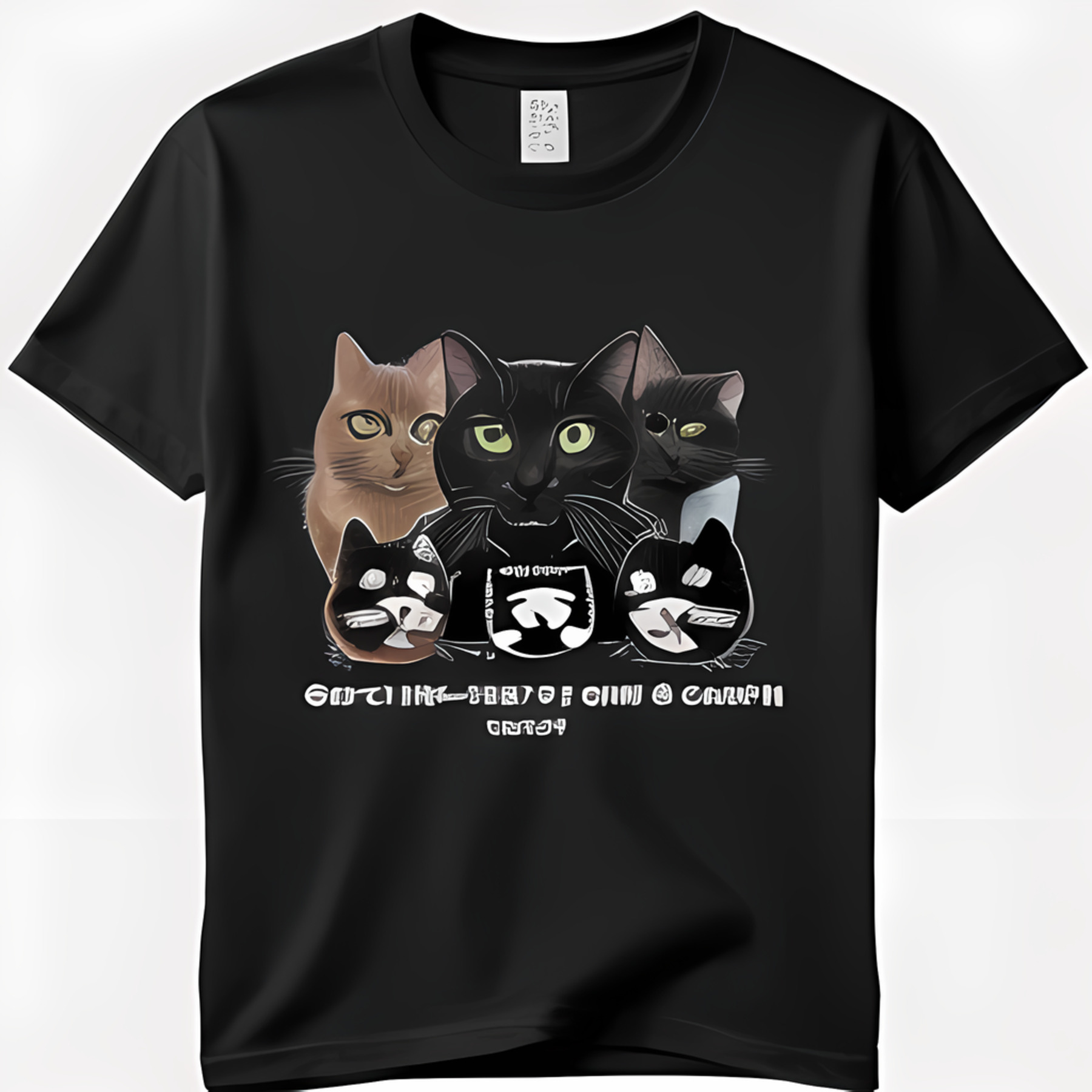 Black T-Shirt with Cute Cartoon Cat Family Design Gatherings of Five ...