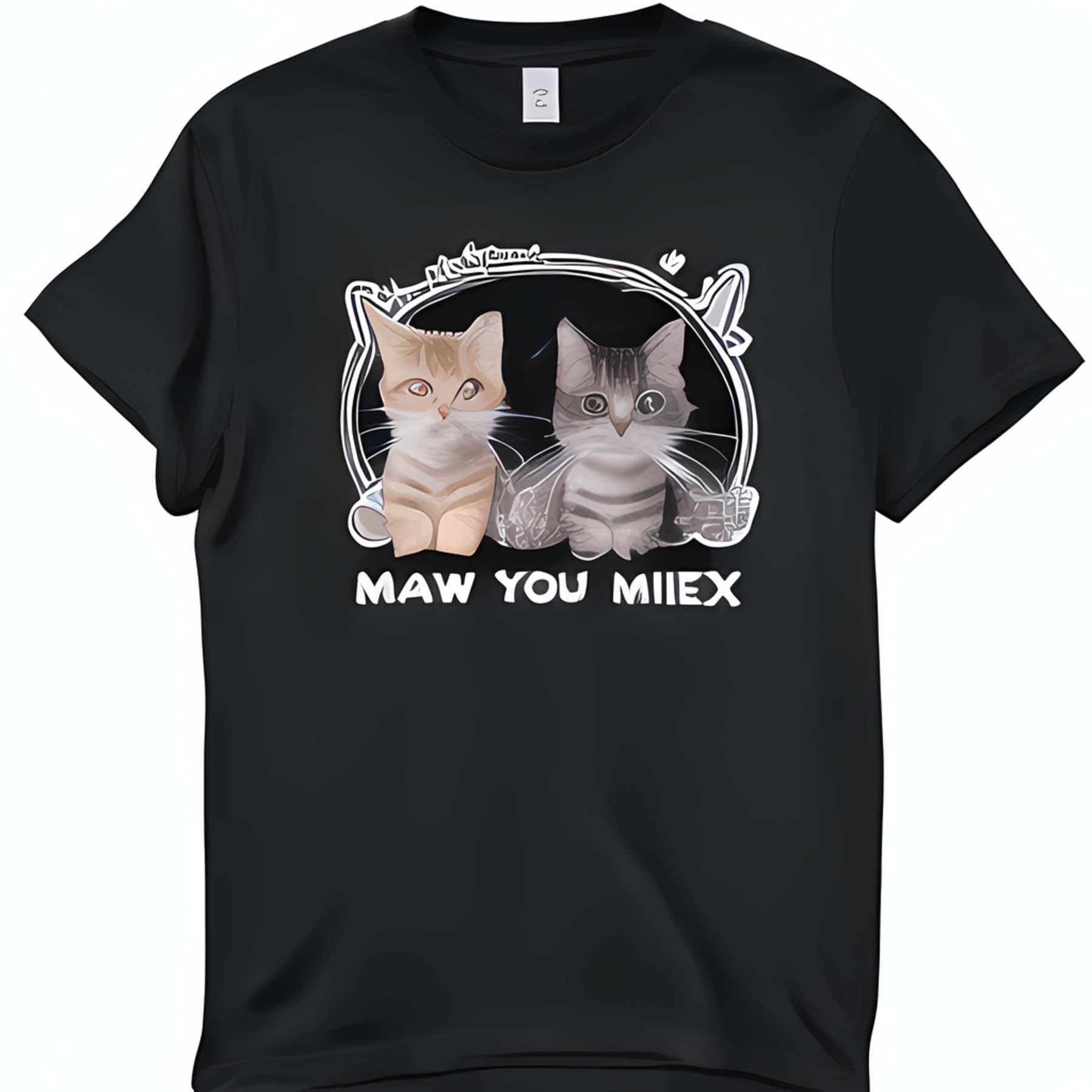 Black T-Shirt with Cute Cat Design Whiteand Gray Tabby Cats in Circular ...