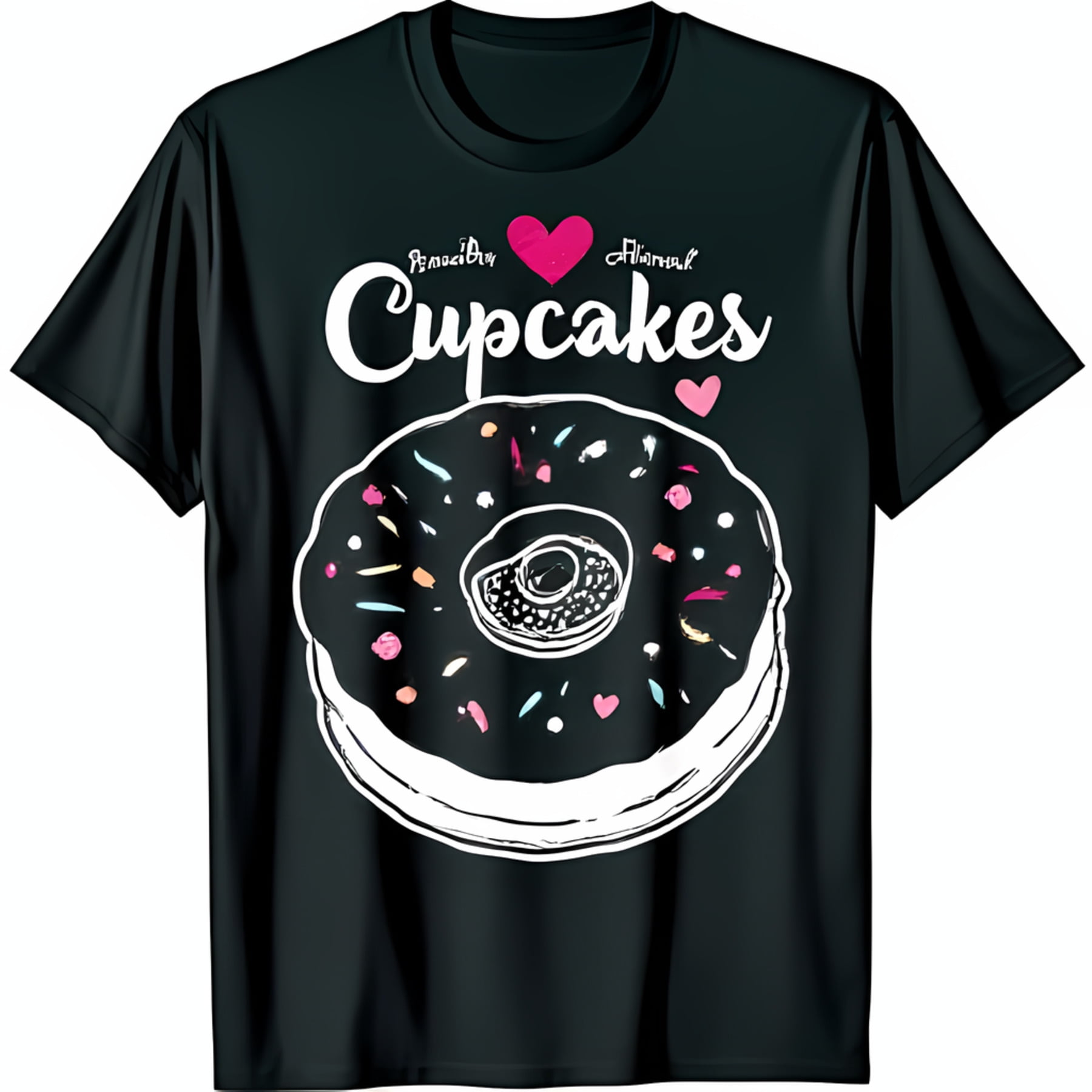 Black T-Shirt with Cute Donut Graphic Heart & Cupcakes Cursive Design ...