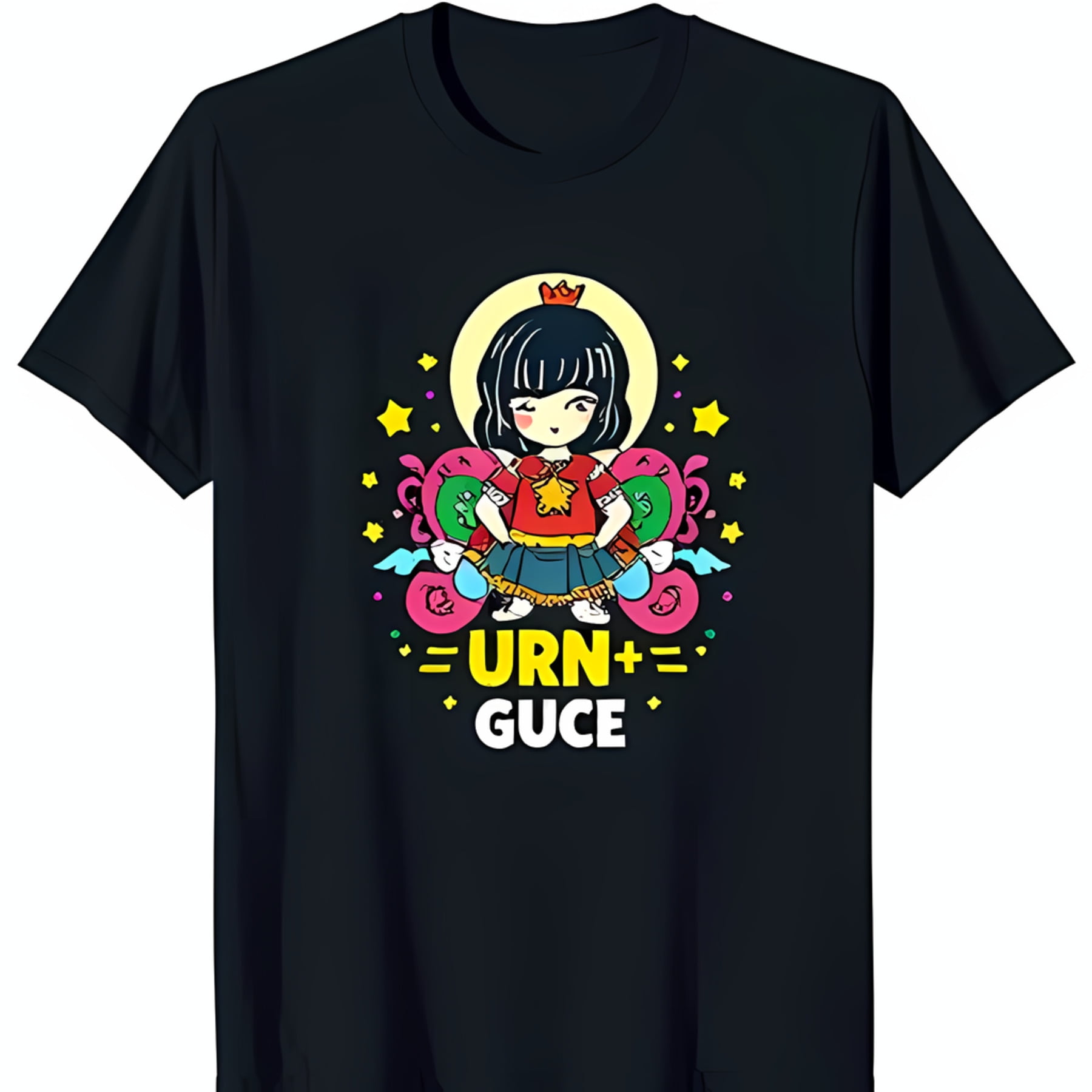 Black T-Shirt with Cute Girl Character in Crown on Moon Stars & Hearts 'URN GUCE' Design ...