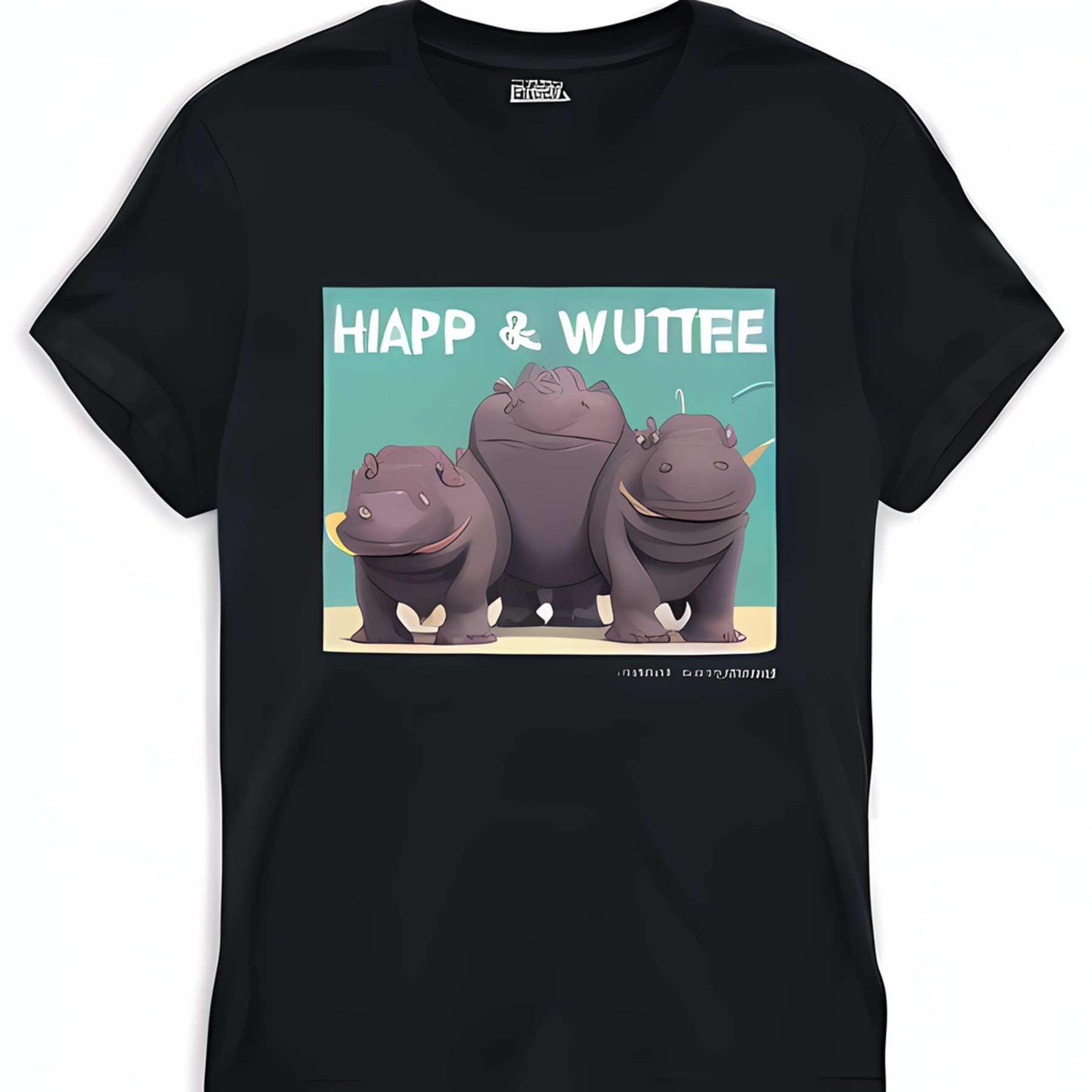 Black T-Shirt with Cute Hippos Design Hiport & Wutte Cartoon Style ...