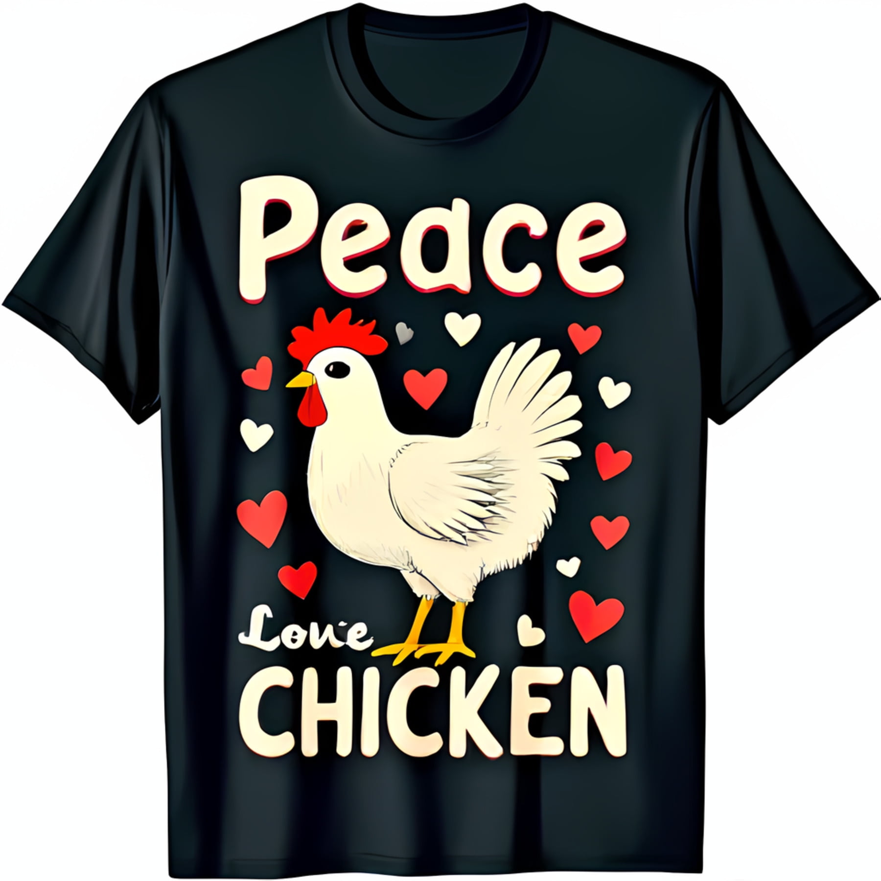 Black T-Shirt with Cute White Chicken Graphic Hearts & Peace Love ...