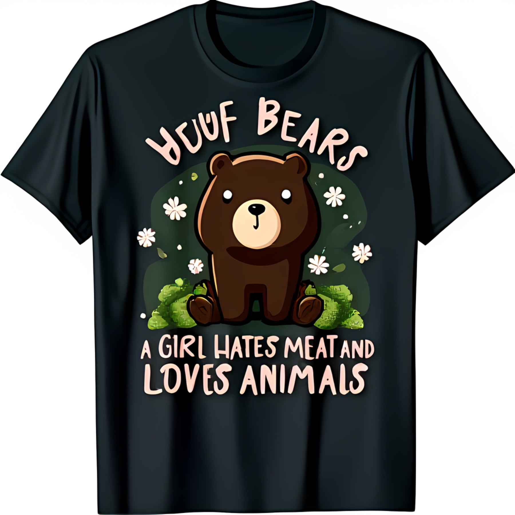 Black T-Shirt with Cute on Leaves HUGF BEARS Design for Animal Lovers ...
