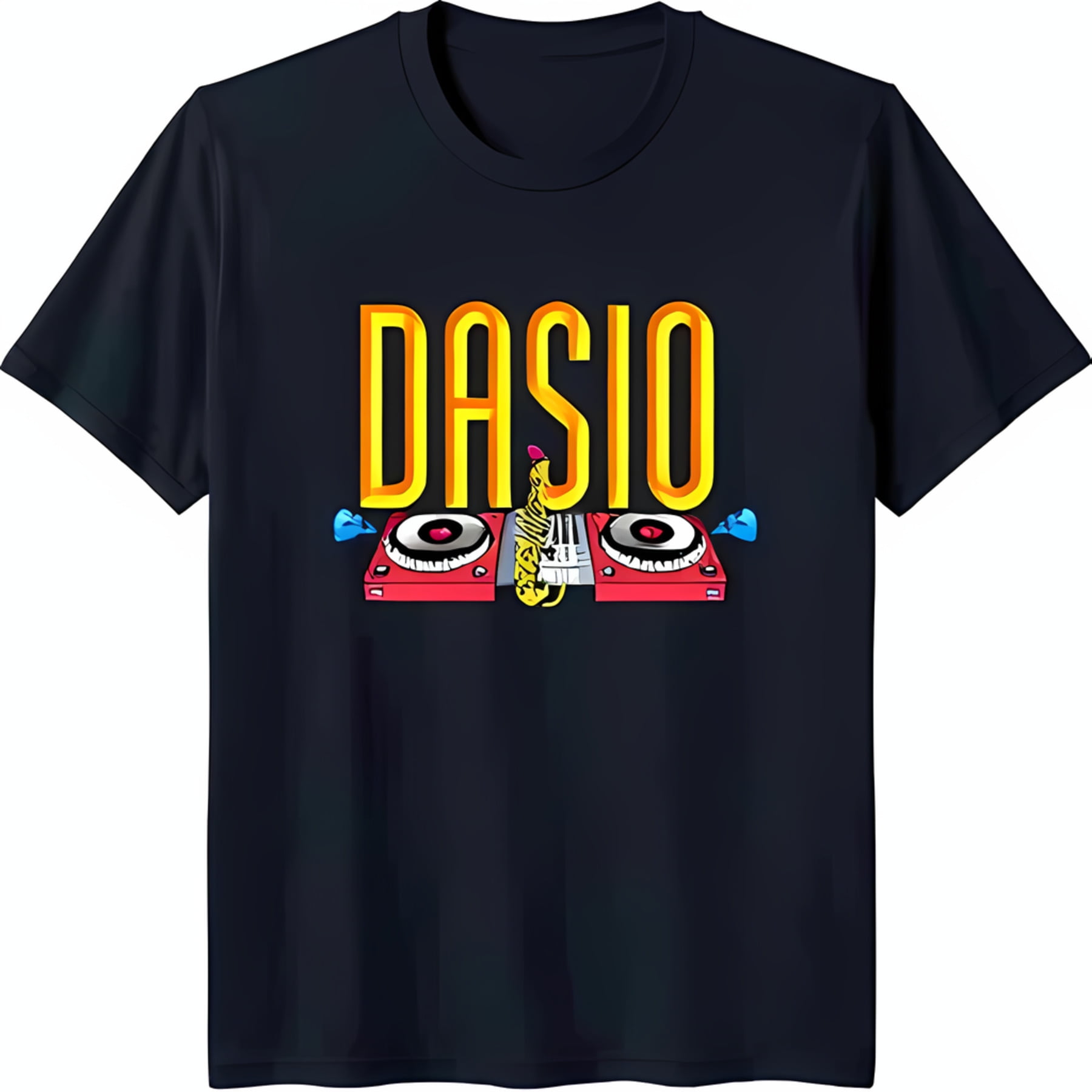 Black T-Shirt with 'DASIO' Yellow Letters & DJ Mixer Graphic Design - Walmart.com