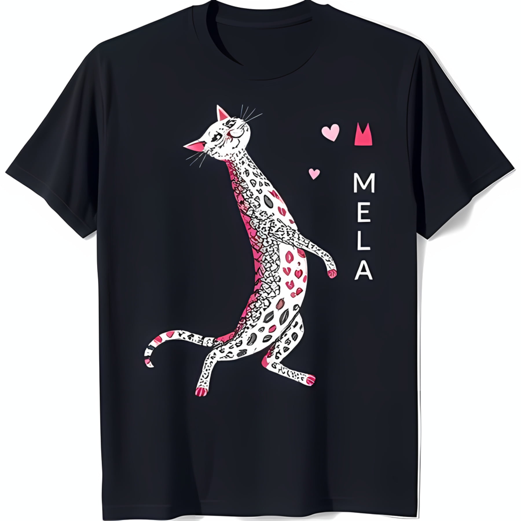 Black T-Shirt with Dancing Spotted Cat Graphic Pink Hearts & Crown ...