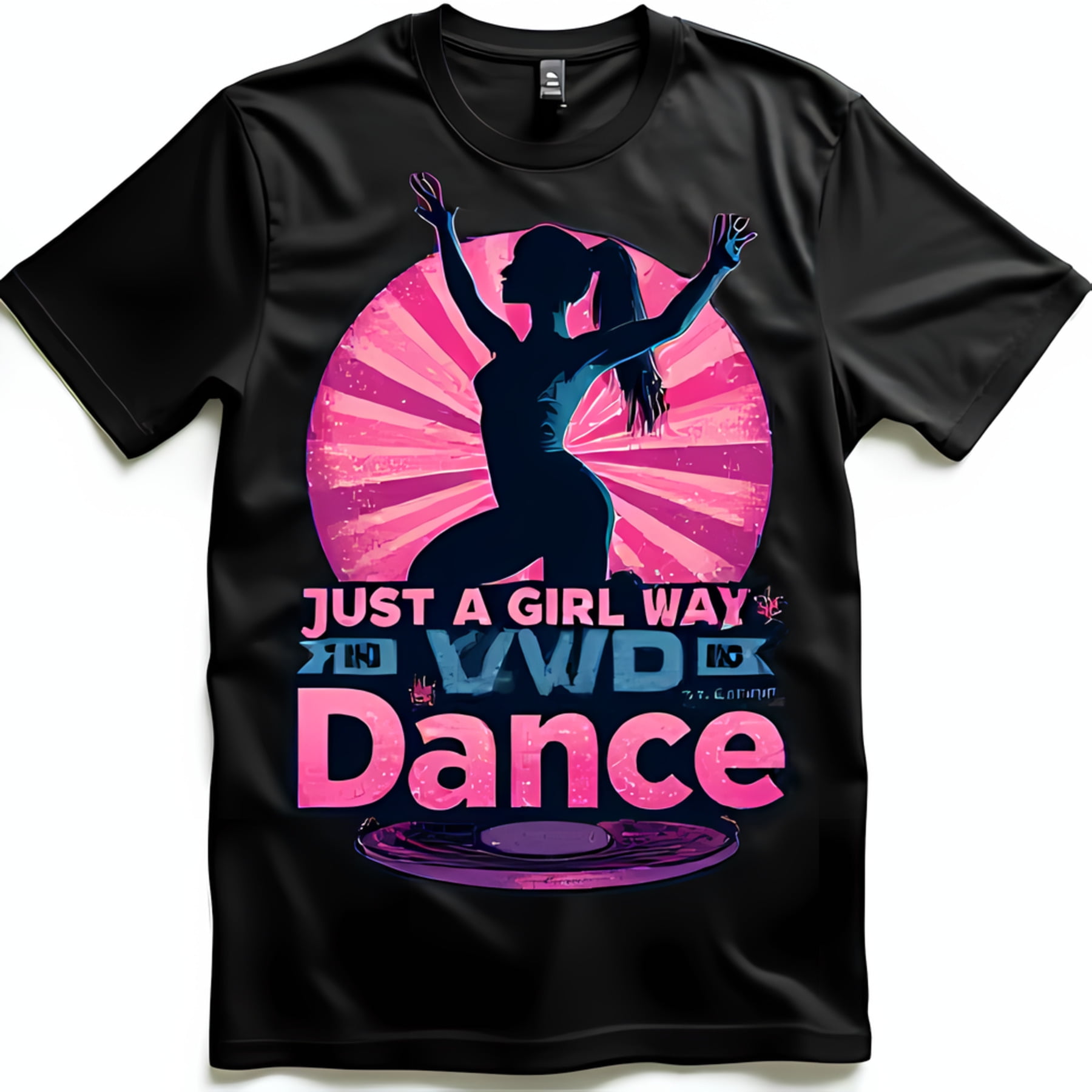 Black T-Shirt with Dancing Woman & Record Player Graphic Just a Girl ...