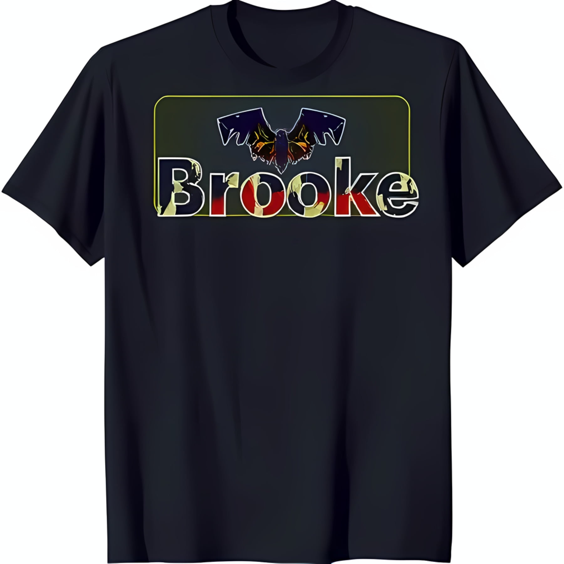 Black T-Shirt with Dark Bat and 'Brooke' Design in Colorful Rectangle ...