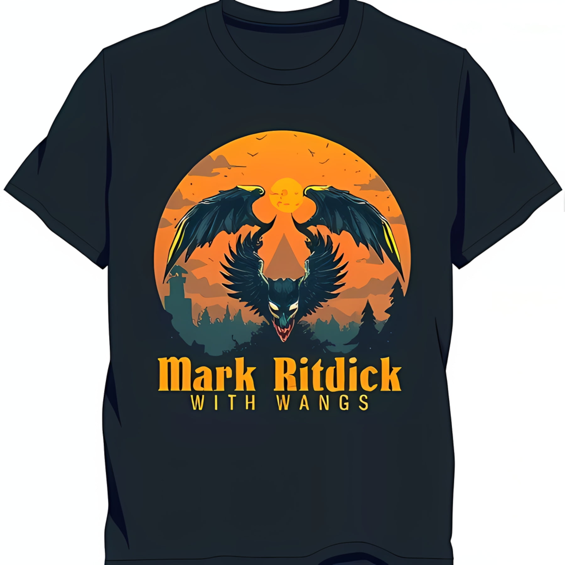 Black T-Shirt with Dark Winged Creature Graphic Sunset & Forest Design ...