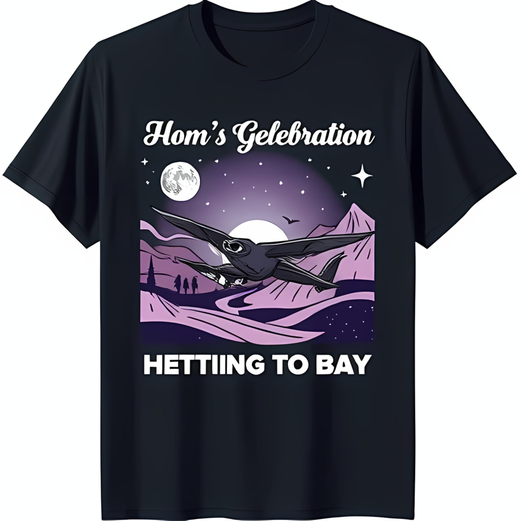 Black T-Shirt with Dark Winged Creature & Vibrant Night Sky Design Hom ...