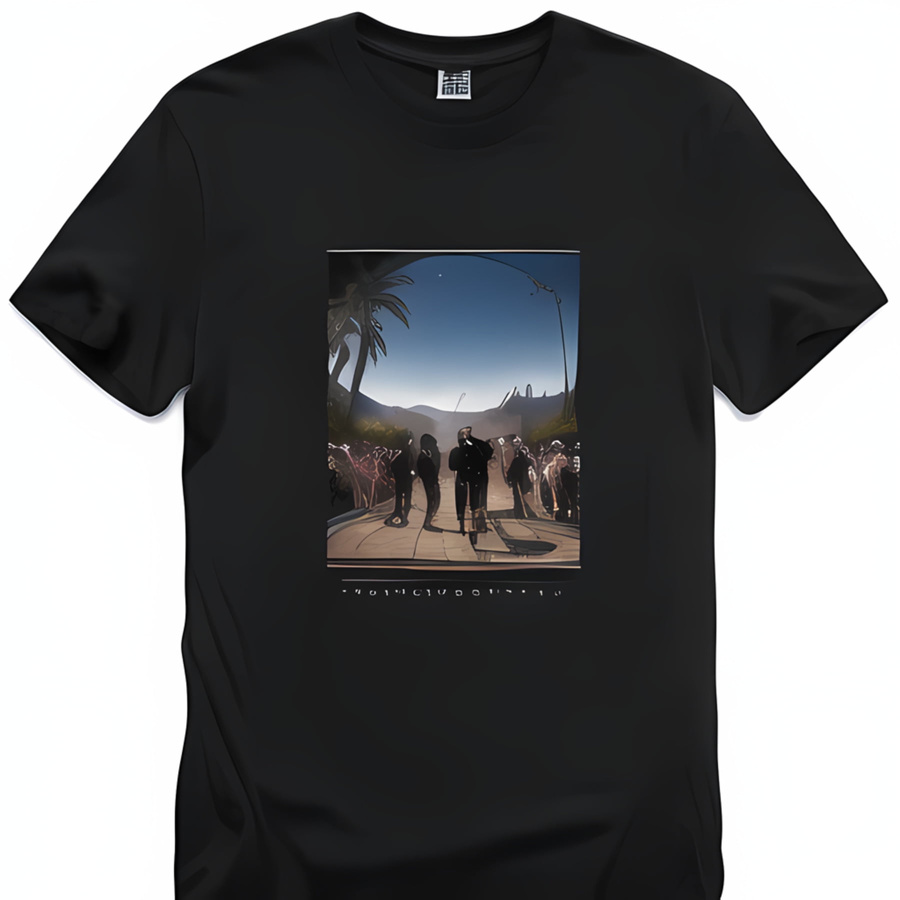 Black T-Shirt with Desert Scene Graphic Group Walking in Dark Clothing ...