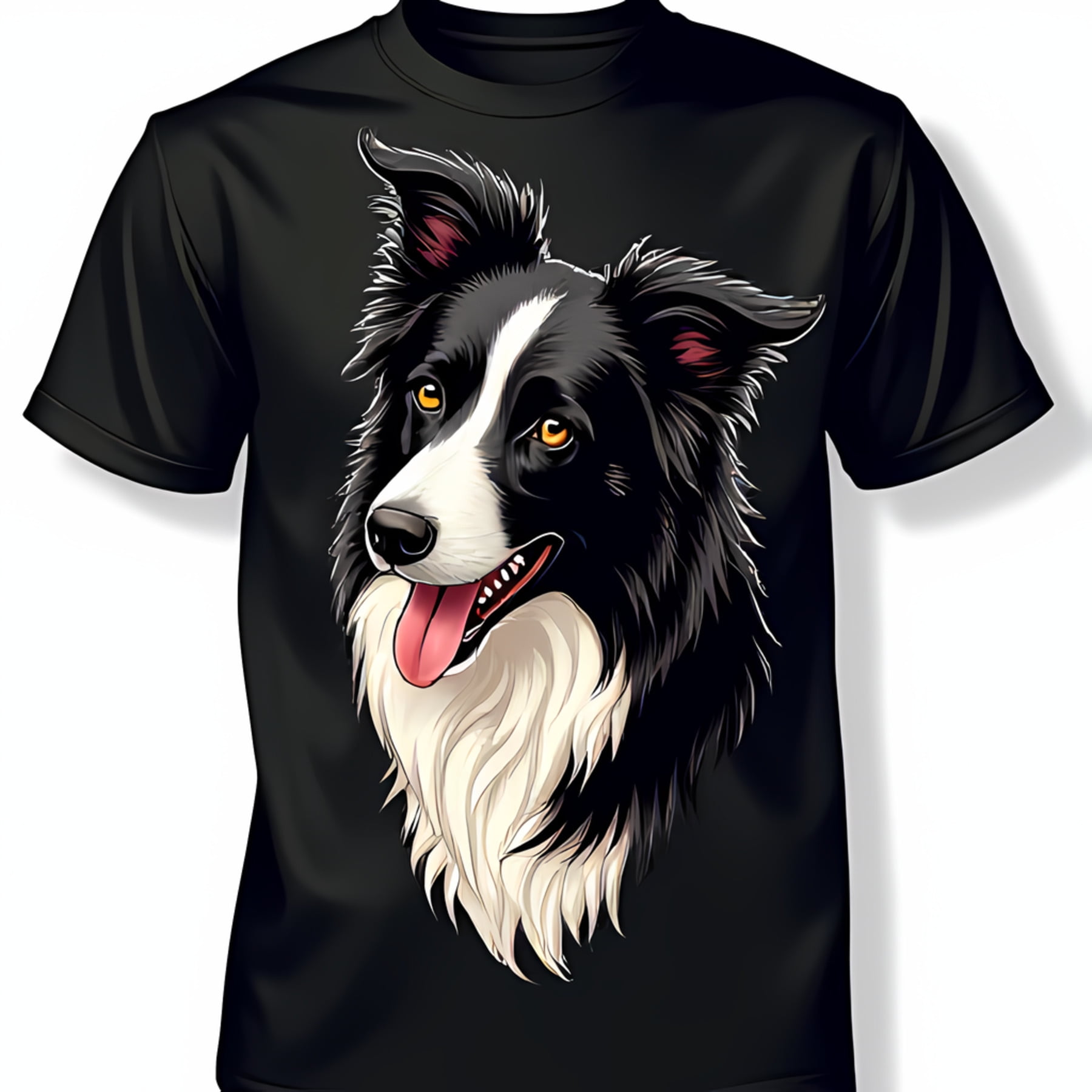 Black T-Shirt with Detailed Border Collie Portrait Friendly Dog Design ...
