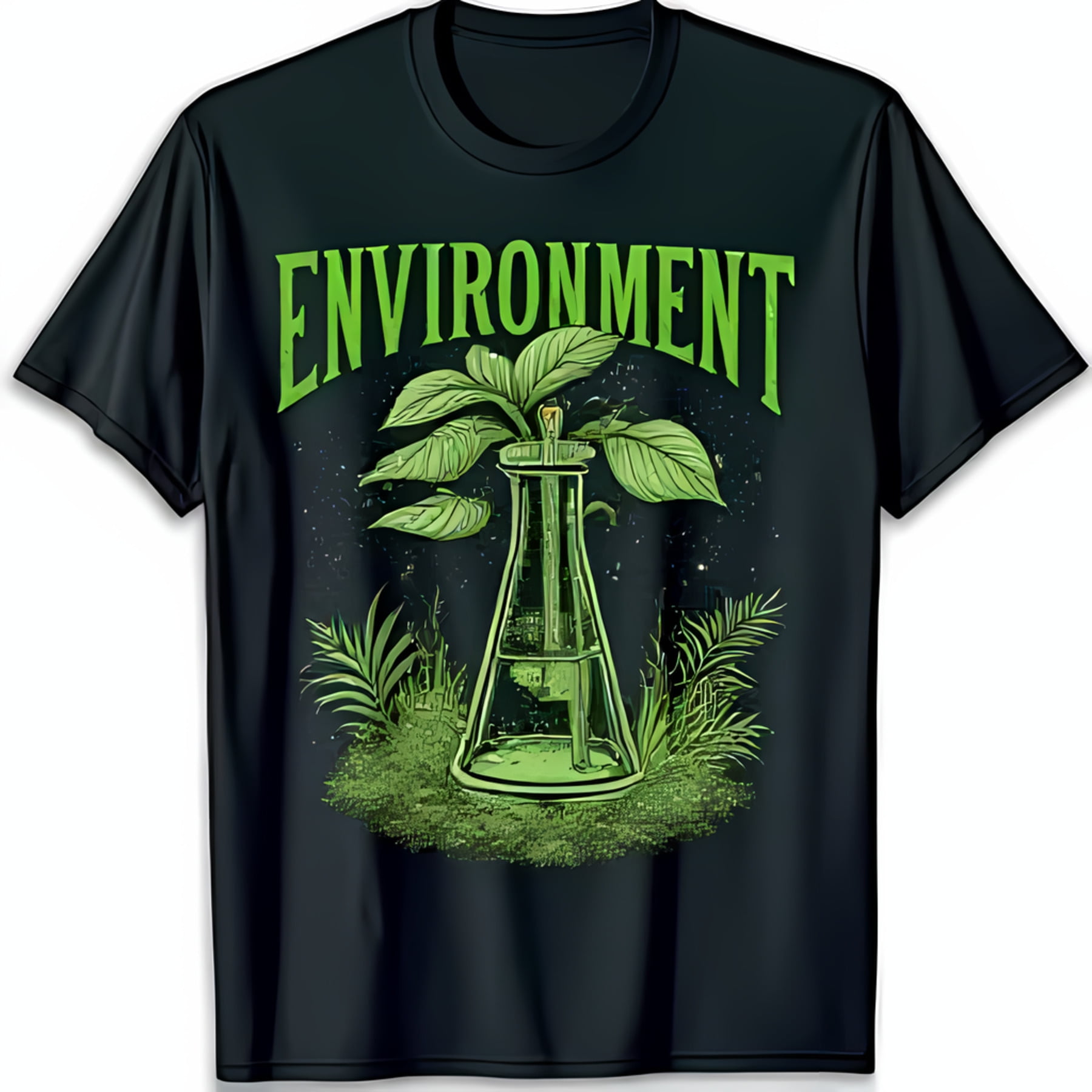 Black T-Shirt with Detailed Plant in Beaker Graphic Bold ENVIRONMENT ...