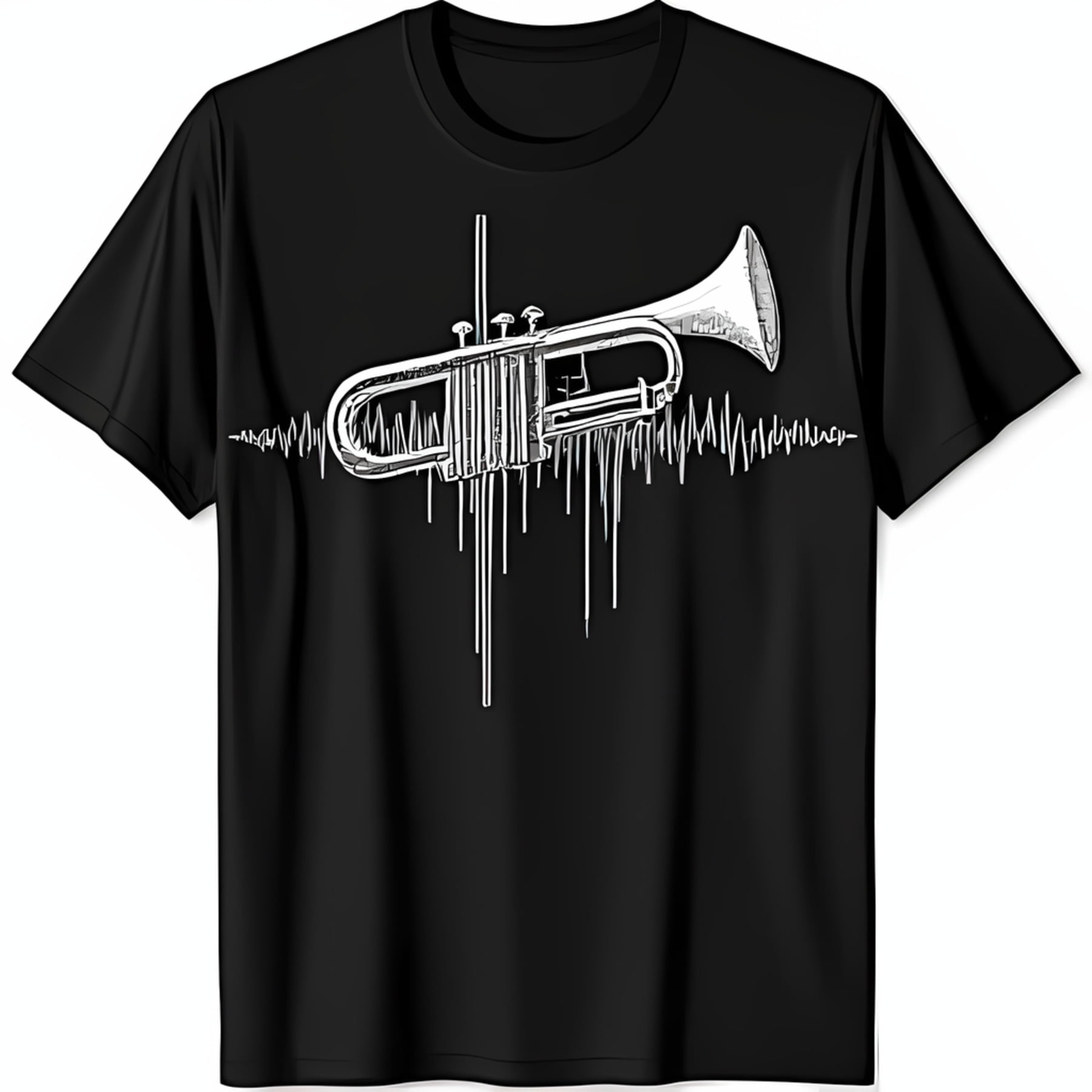 Black T-Shirt with Detailed Trumpet Graphic & Sound Waves Design for ...