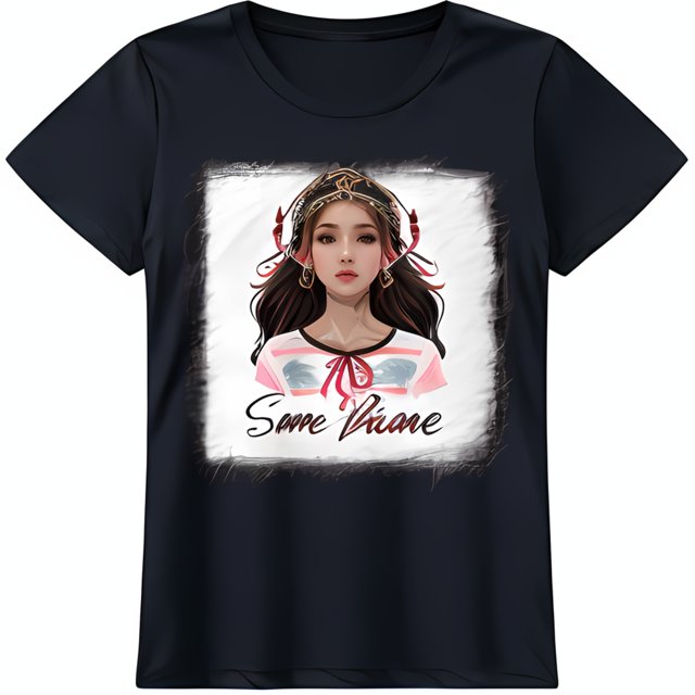 Black T-Shirt with Digital Art of Woman in Pink Top & Golden Leaf Crown Some Viame Design ...