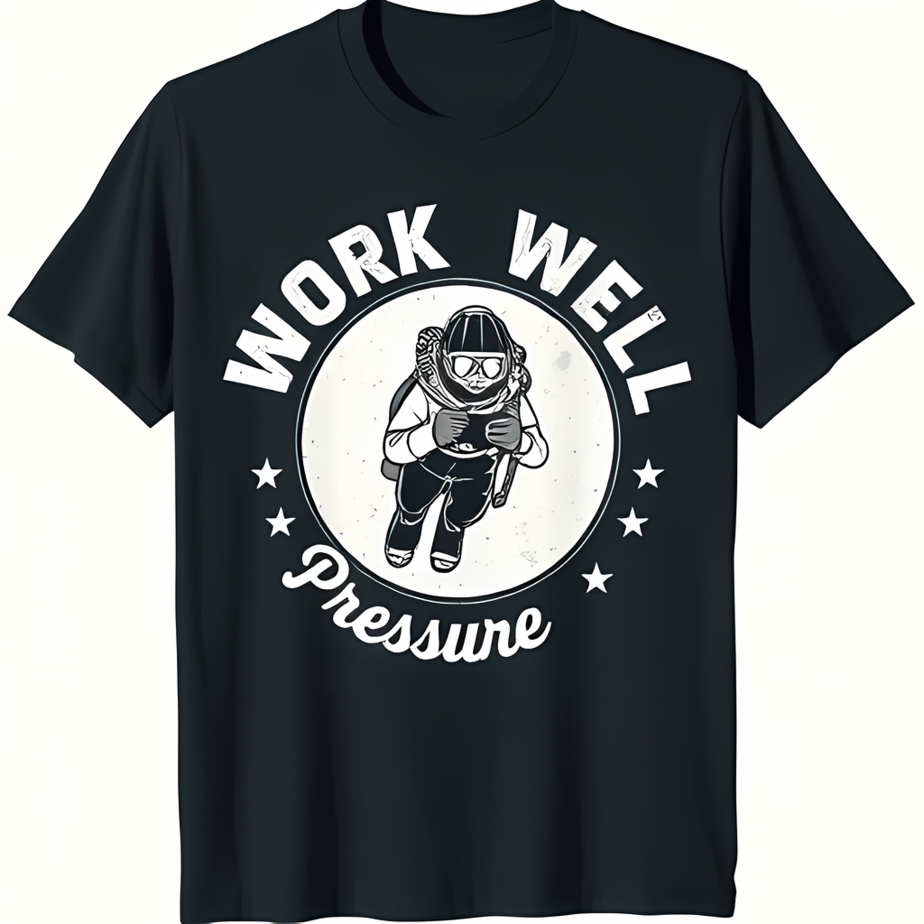 Black T-Shirt with Diver Graphic 'Work Well' Design & Cursive 'Pressure ...