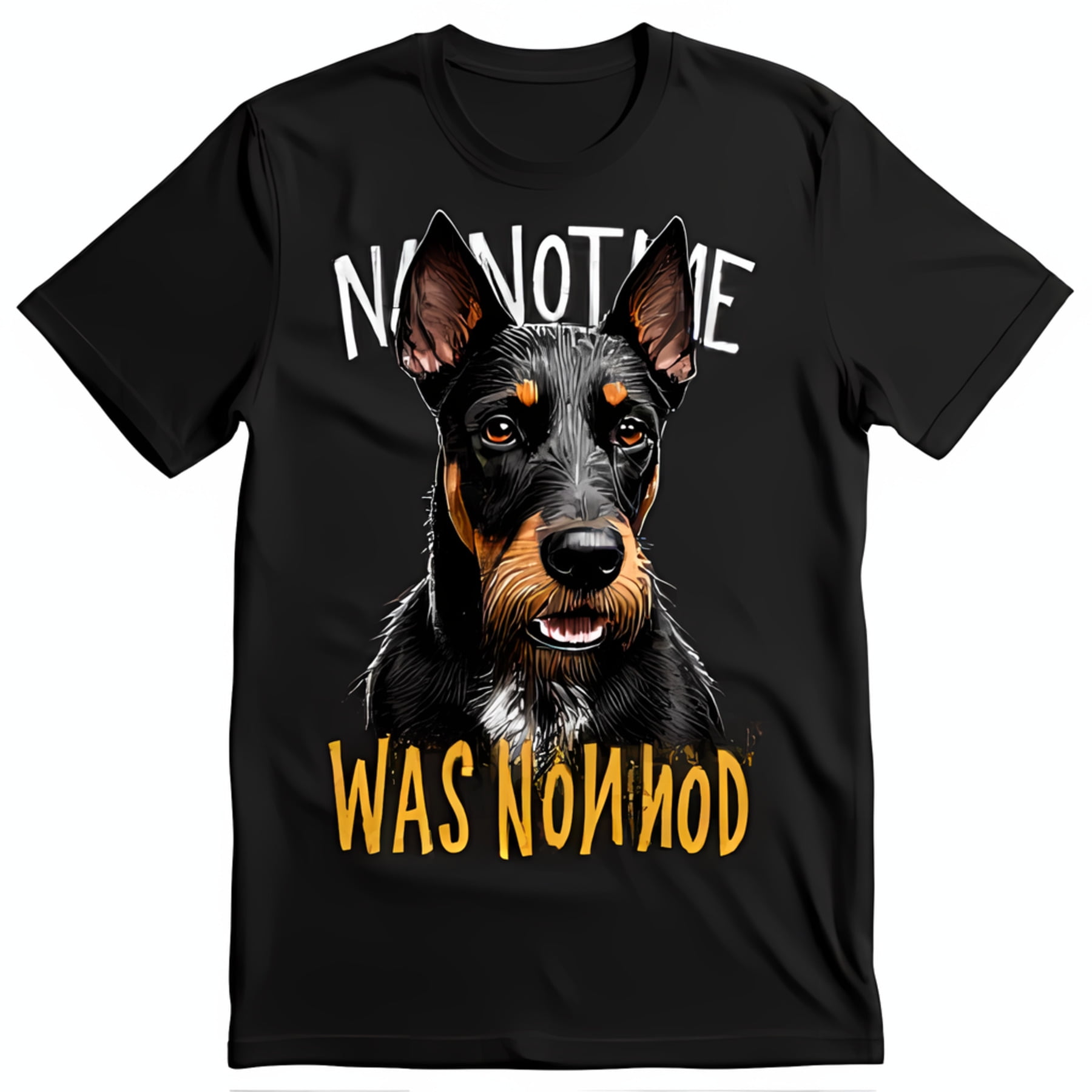 Black T-Shirt with Doberman Graphic: 'NOT ME' & Image 'WAS NOIHOD ...