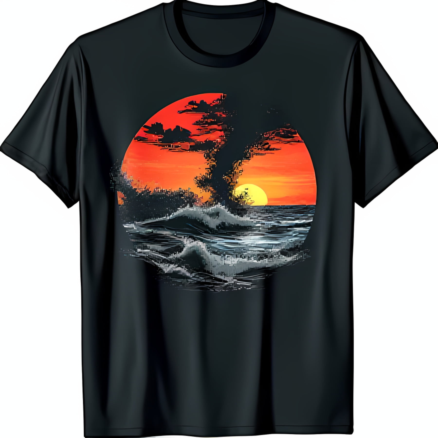 Black T-Shirt with Dramatic Ocean Sunset Design Powerful Wave & Stormy ...