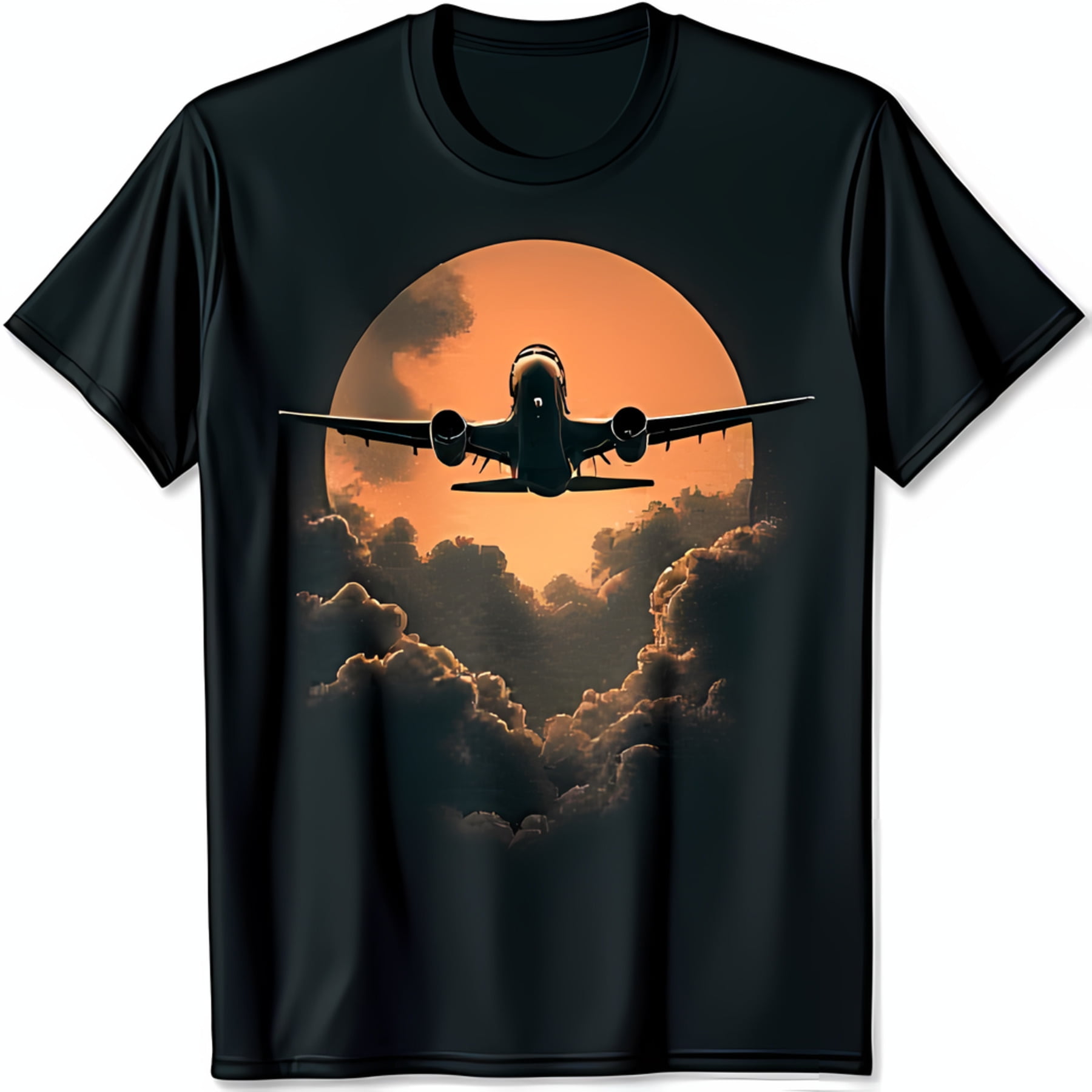 Black T-Shirt with Dramatic Plane Over Sunset Graphic for Aviation ...