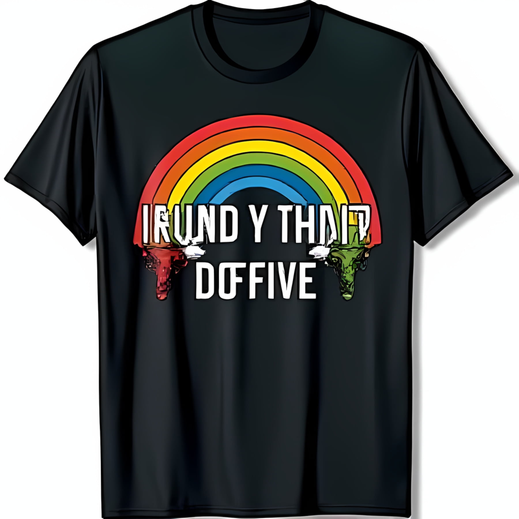 Black T-Shirt with Dripping Design and 'IRUND Y THAIR DOFFIVE' Text ...