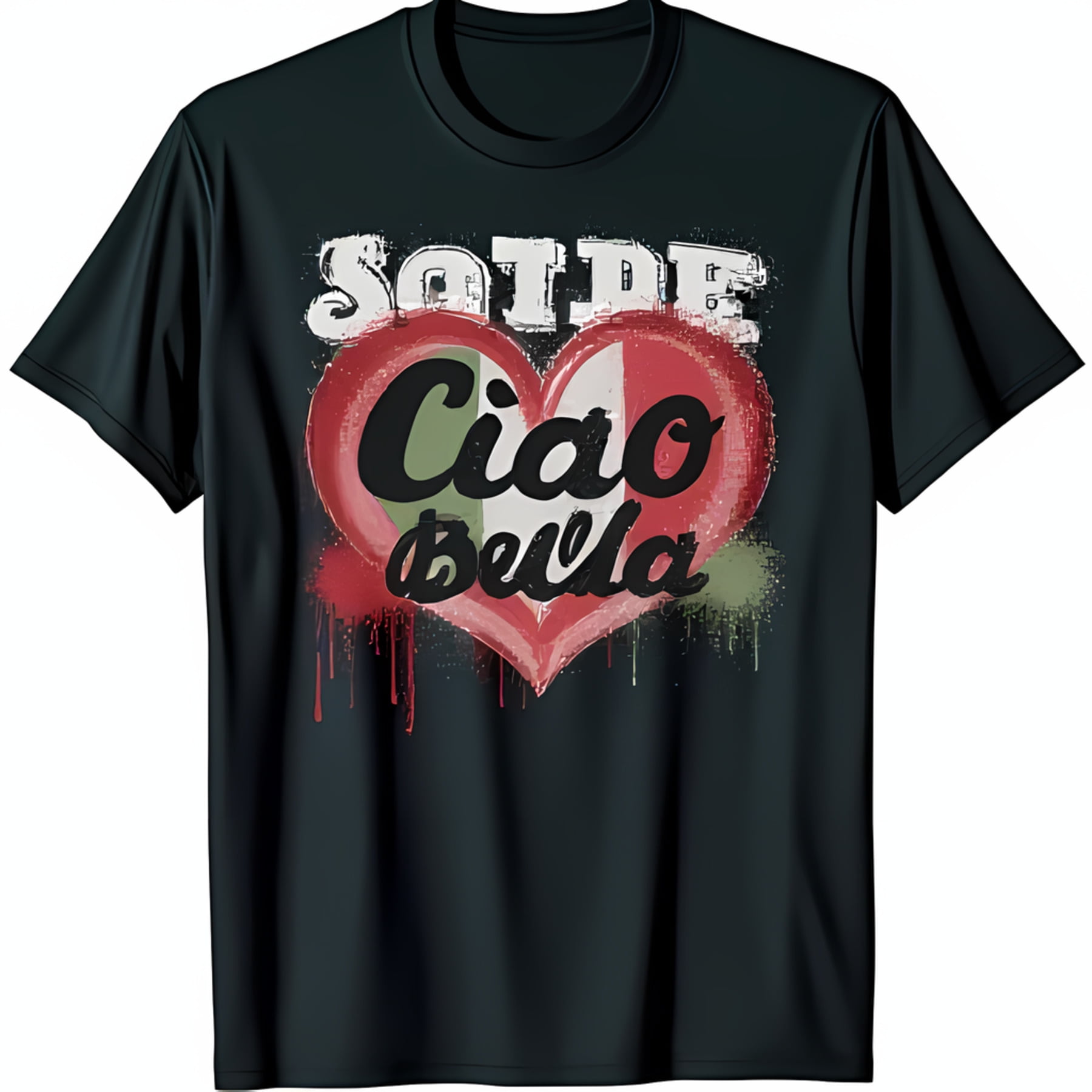 Black T-Shirt with Dripping Heart & Ciao Bella Graphic Italian Colors ...