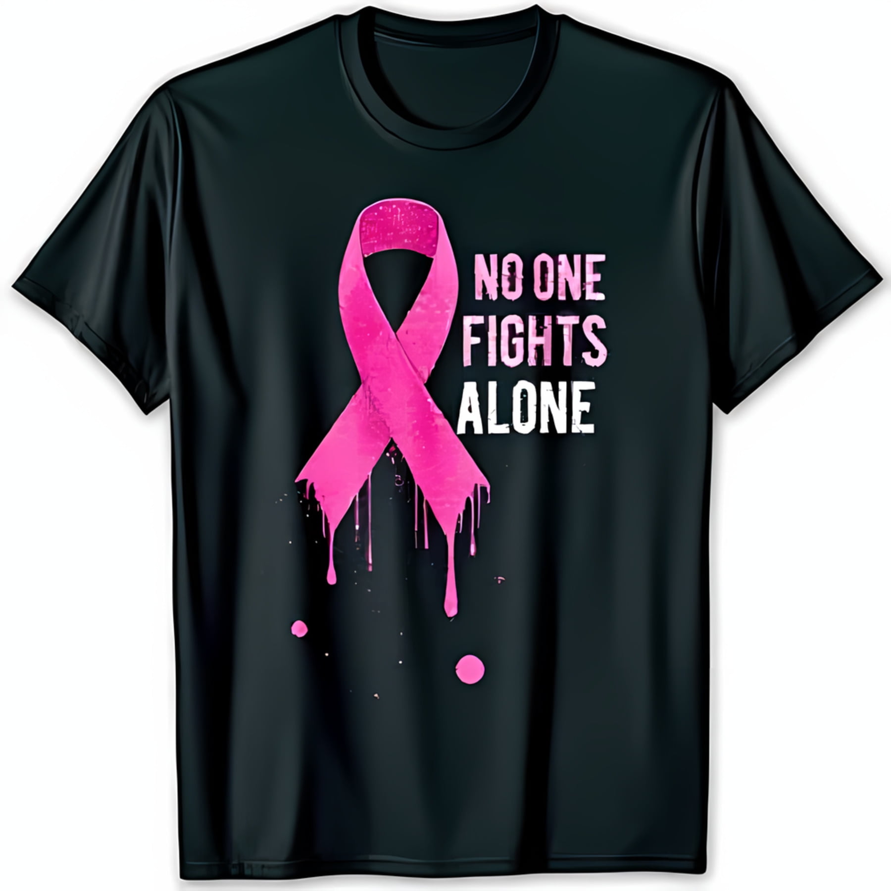 Black T-Shirt with Dripping Pink Ribbon Graphic 'NO ONE FIGHTS ALONE ...