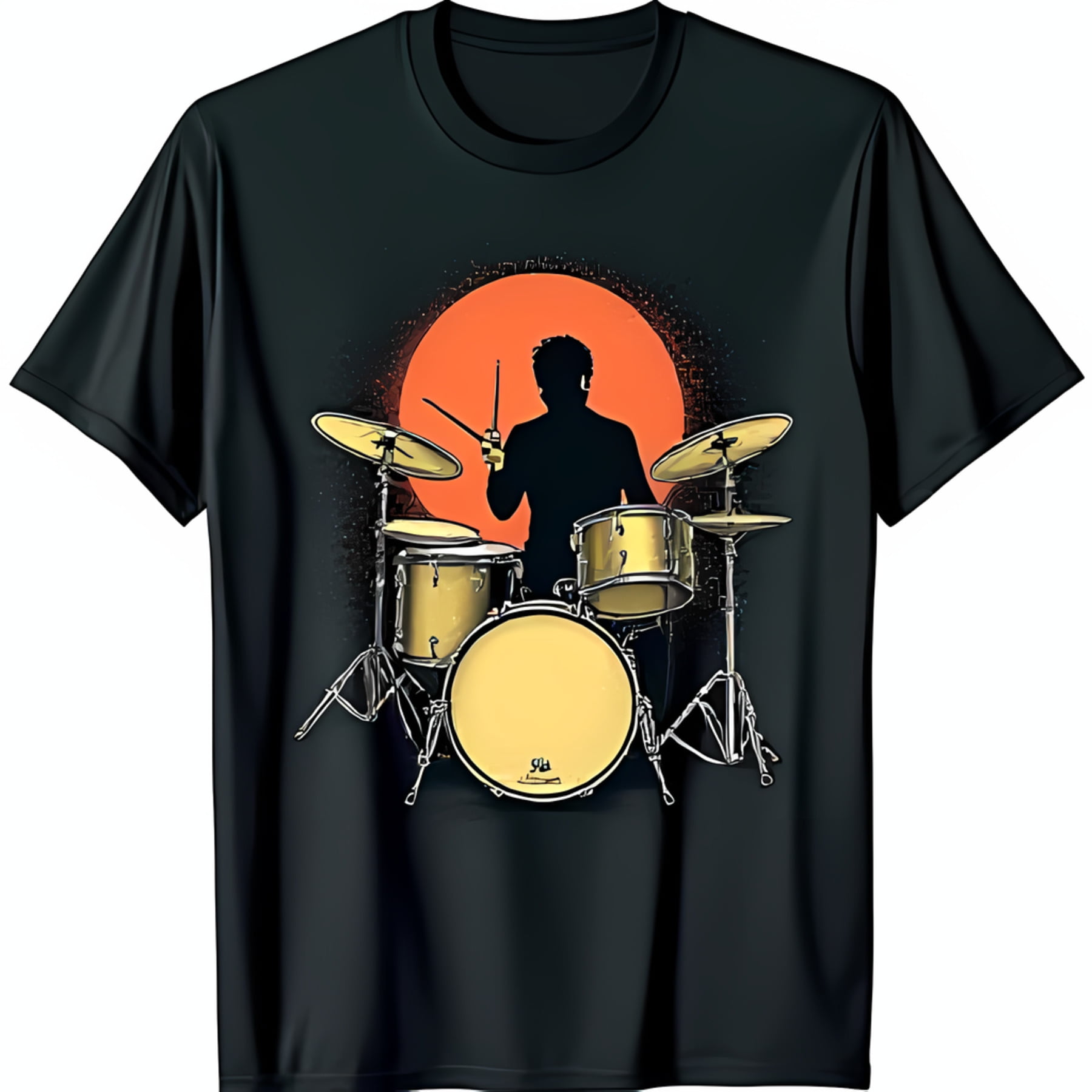 Black T-Shirt with Drummer Graphic and Sun Design - Walmart.com