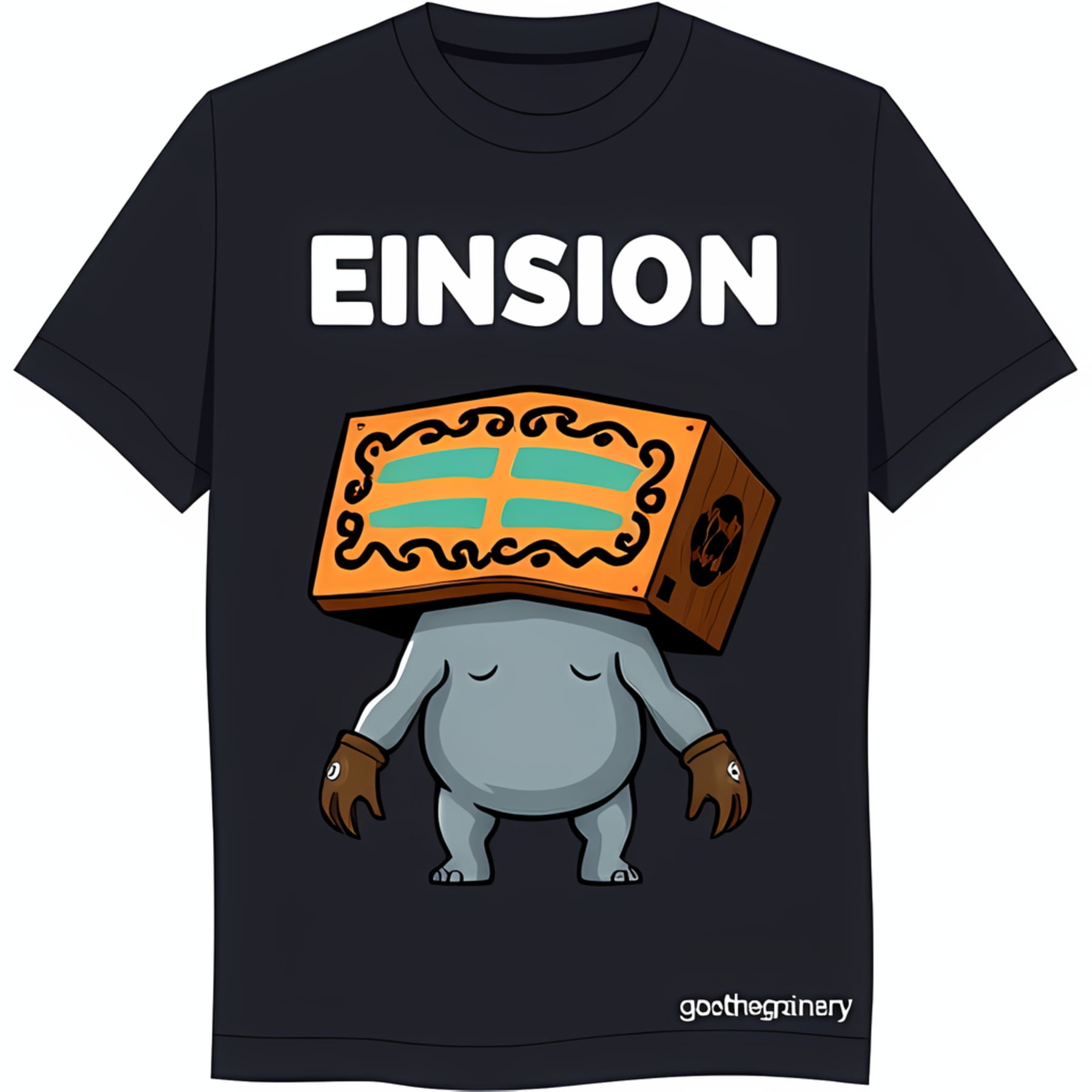 Black T-Shirt with 'EINISION' and Cartoon Character Head Design ...