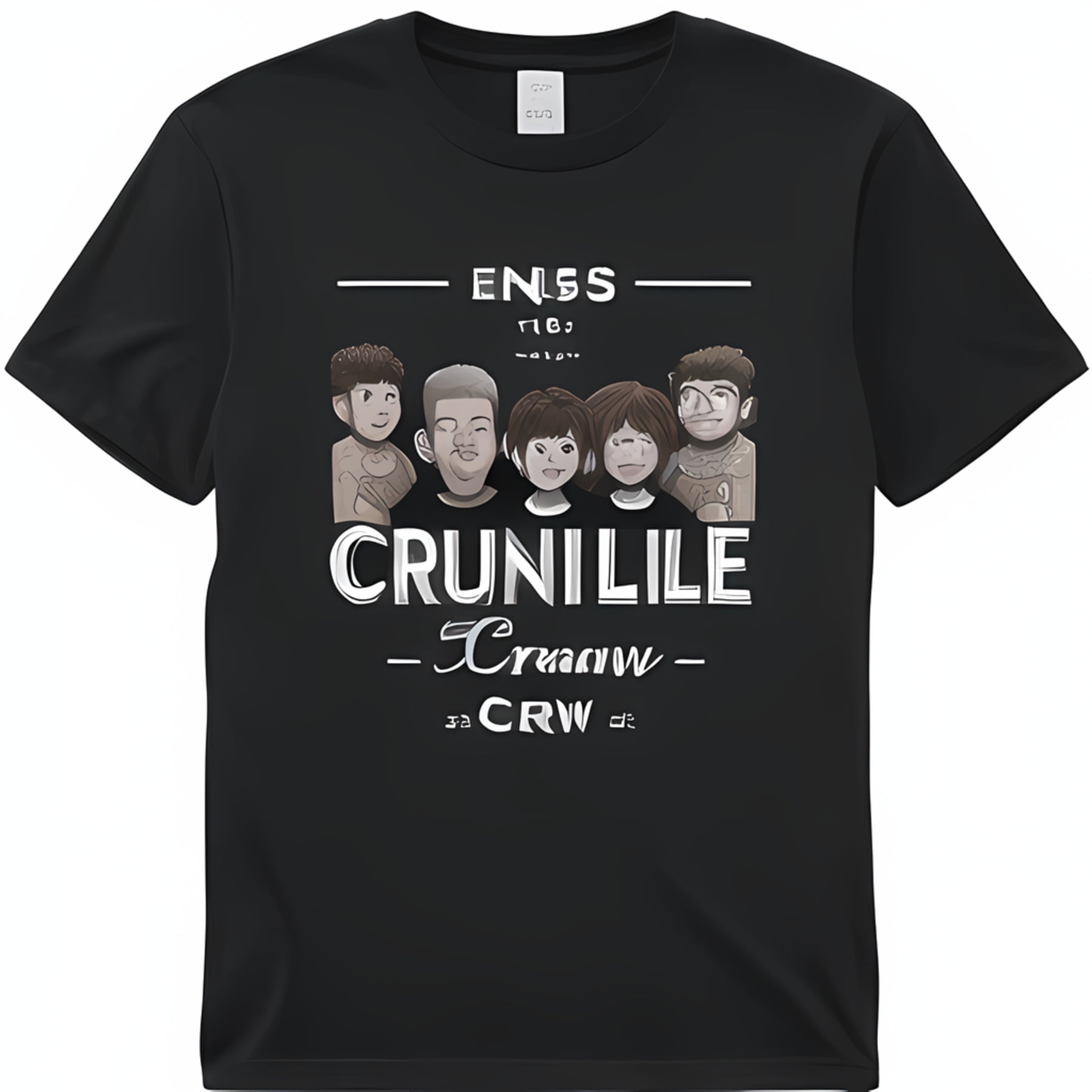 Black T-Shirt with 'ENSS' Text and Cartoon People Illustration 'crn ...