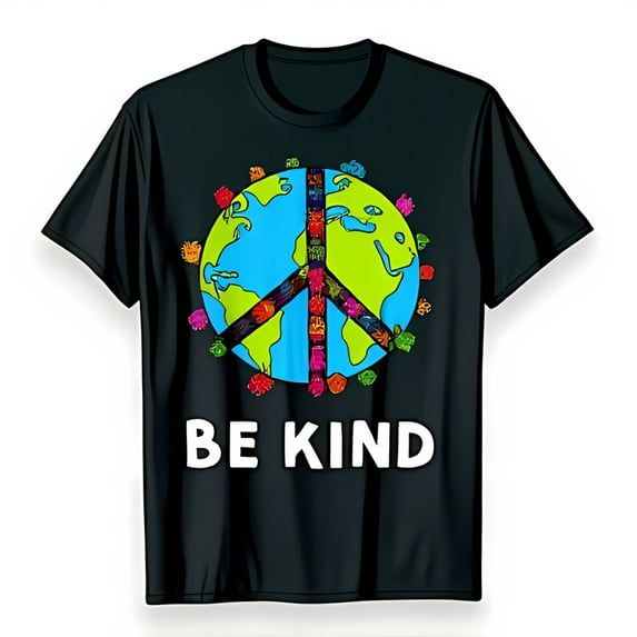 Black T-Shirt with Earth Peace Sign Graphic & Colorful Flowers BE KIND ...