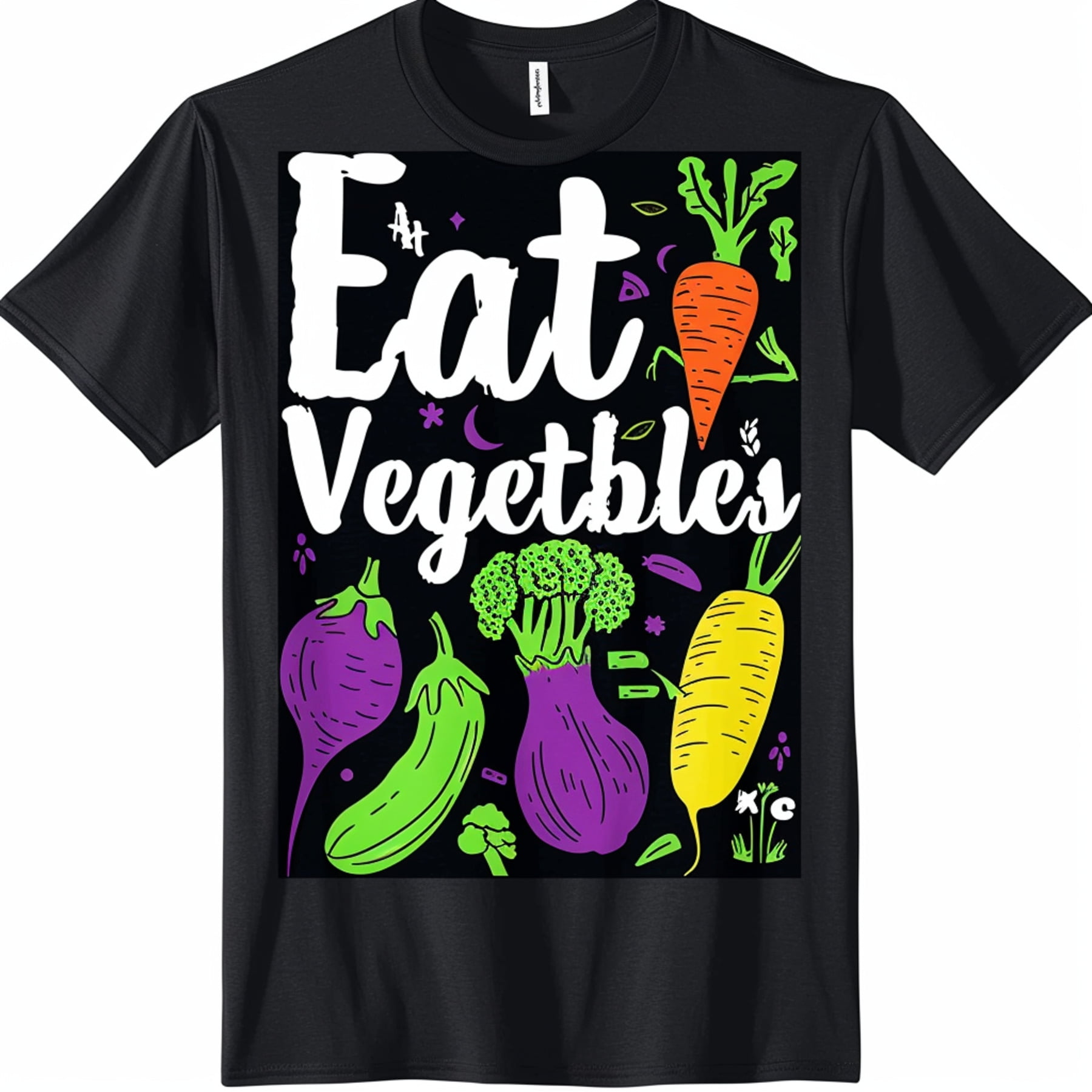 Black T Shirt with 'Eat Vegetables' White Lettering & Colorful Veggie ...