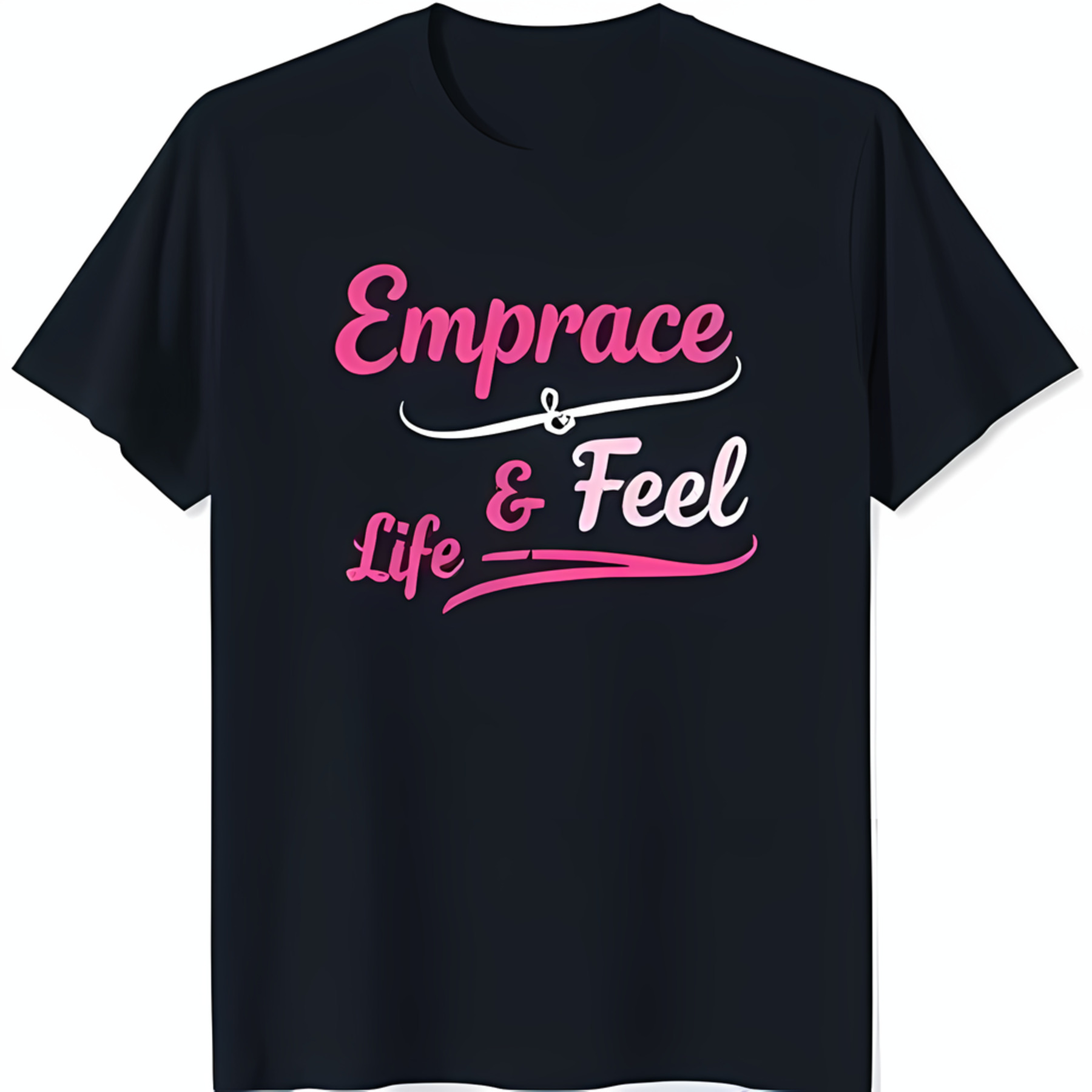 Black T-Shirt with 'Embrace Life & Feel' Pink Cursive Design & Swirl ...