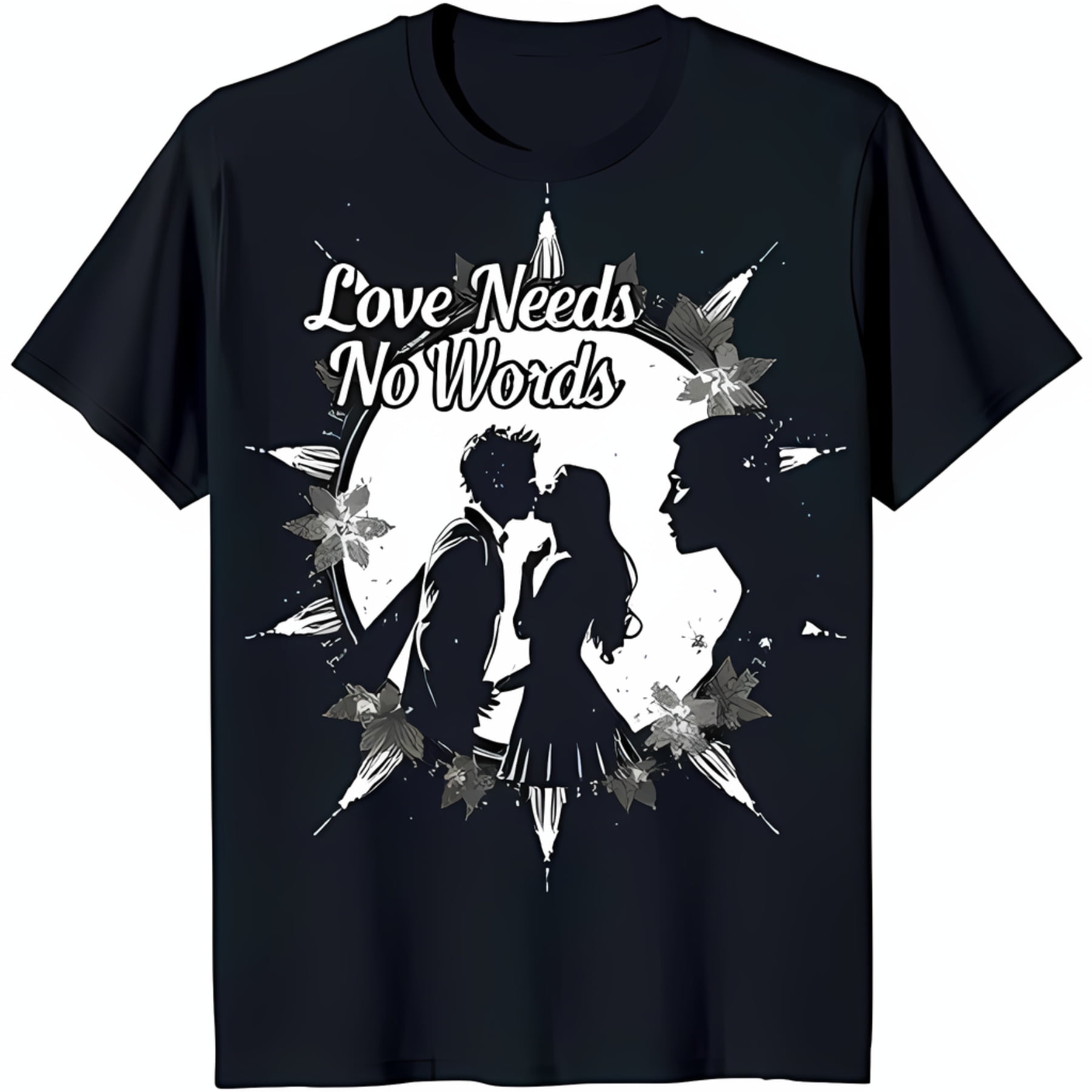 Black T-Shirt with Ethereal Love Graphic Silhouettes Stars & Flowers ...