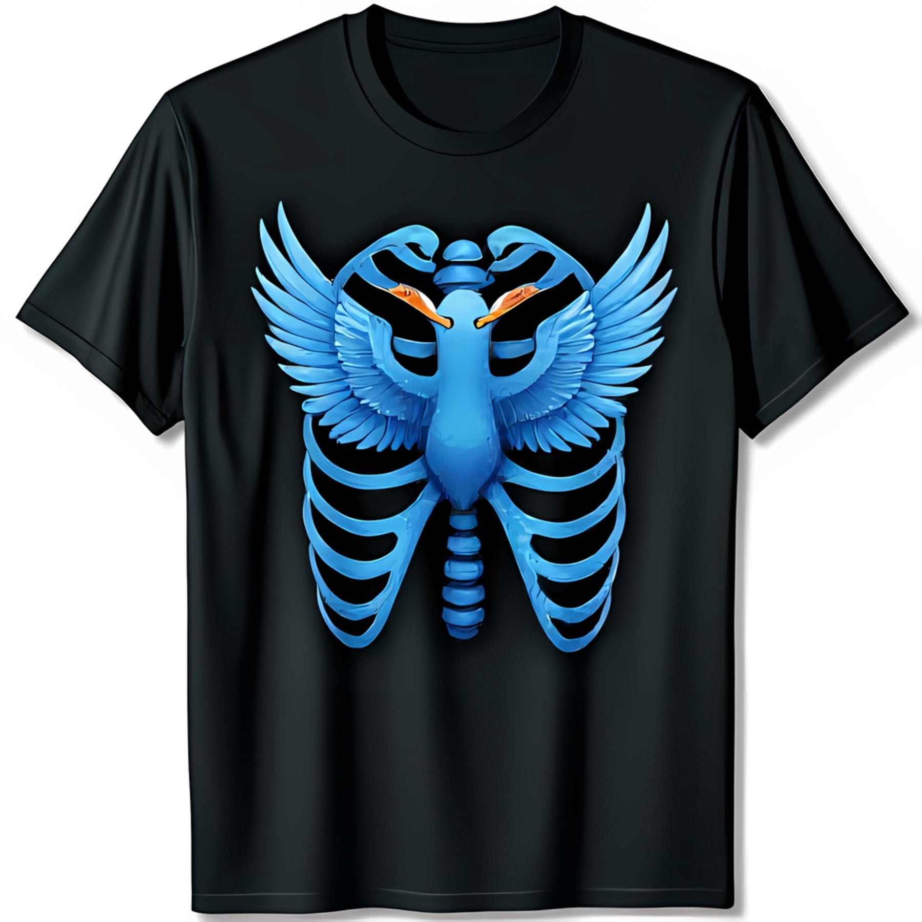 Black T-Shirt with Eye Catching Blue Bird Creature Inside Ribcage ...