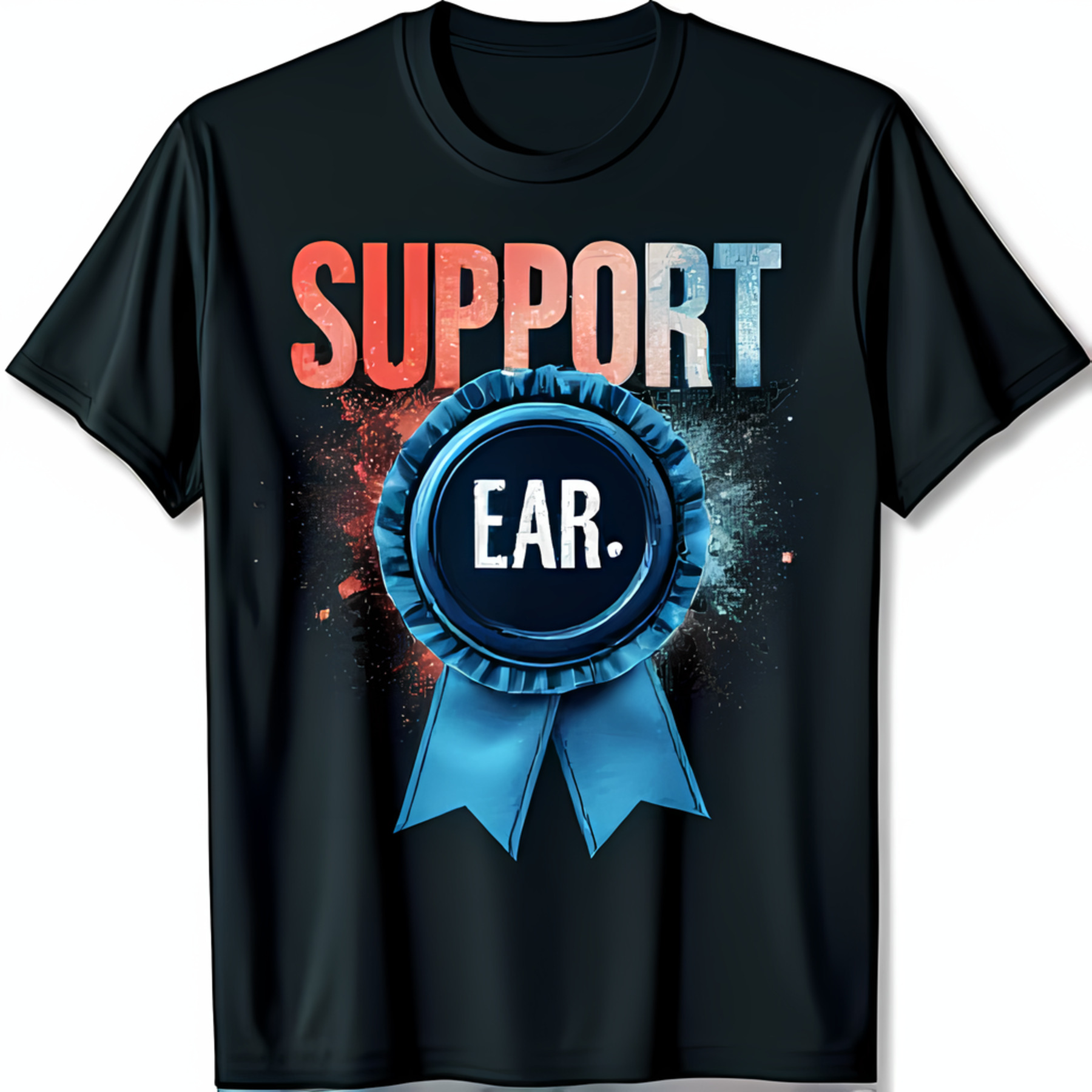 Black T-Shirt with Eye Catching Blue Ribbon Graphic & EAR SUPPORT ...