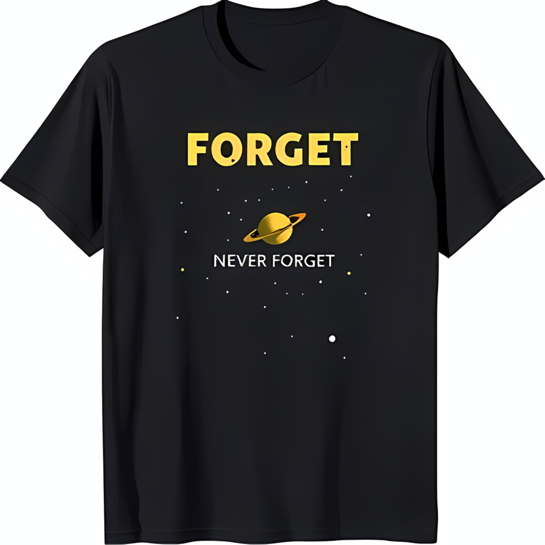 Black T-Shirt with 'FORGET' & 'NEVER FORGET' Text and Planet Design ...