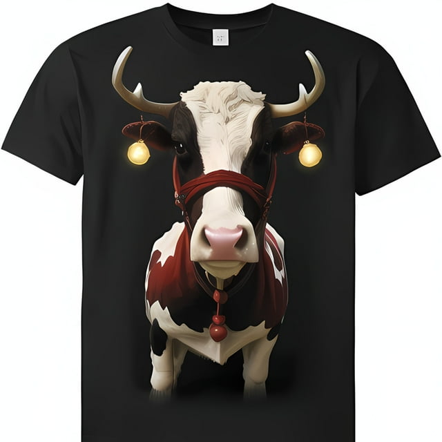Black T Shirt With Festive Cow Design Whiteand Brown Cow With Red