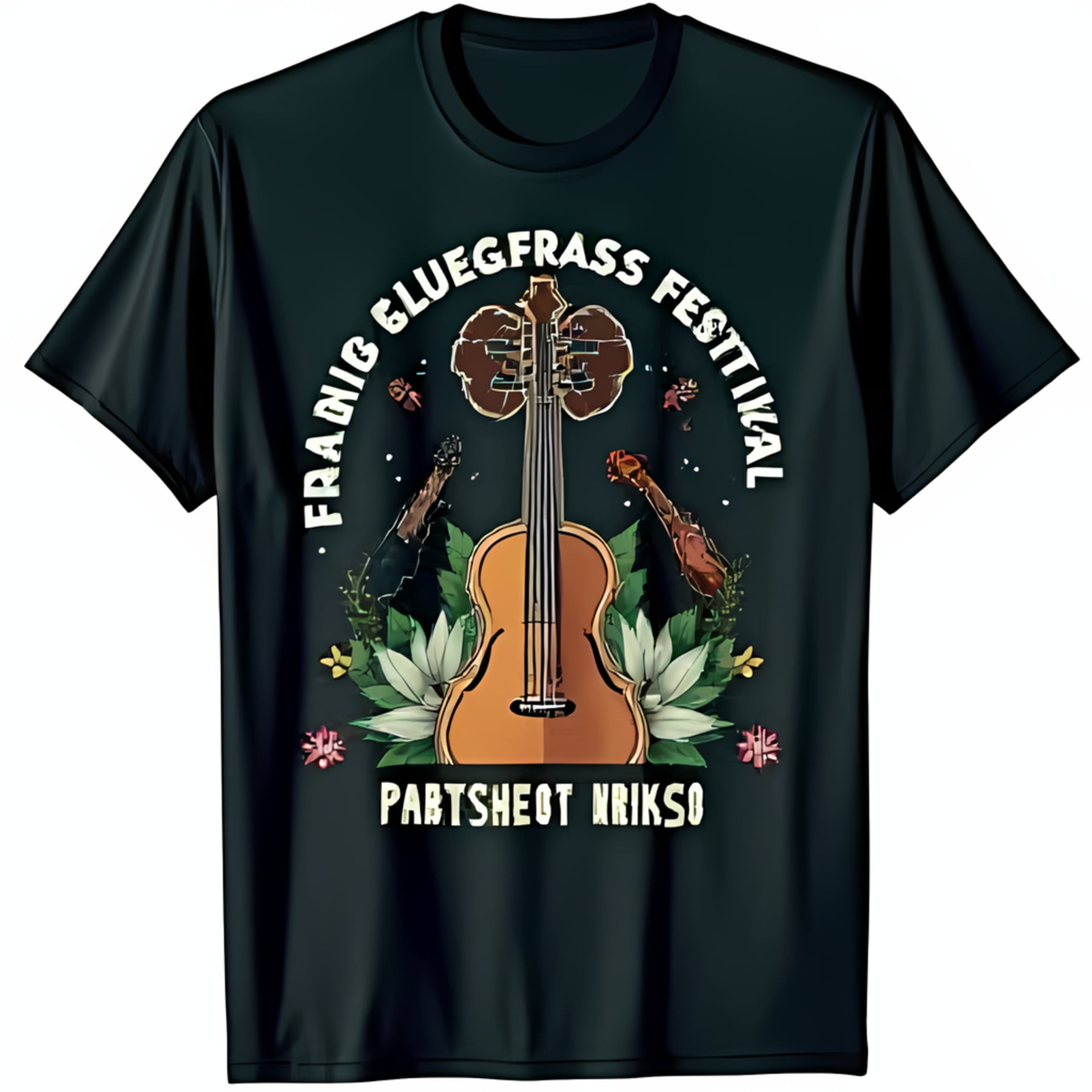 Black T-Shirt with Fiddle and Floral Design Franig Bluegrass Festikal ...