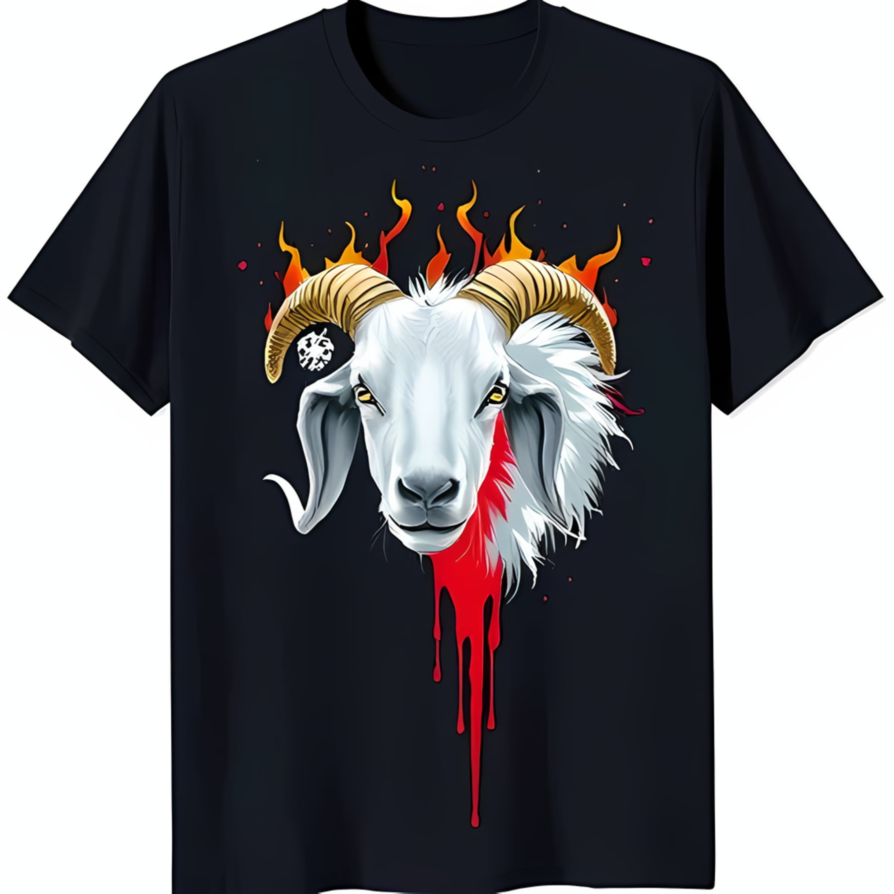 Black T-Shirt with Fiery Goat Design White Goat with Gold Horns & Red ...