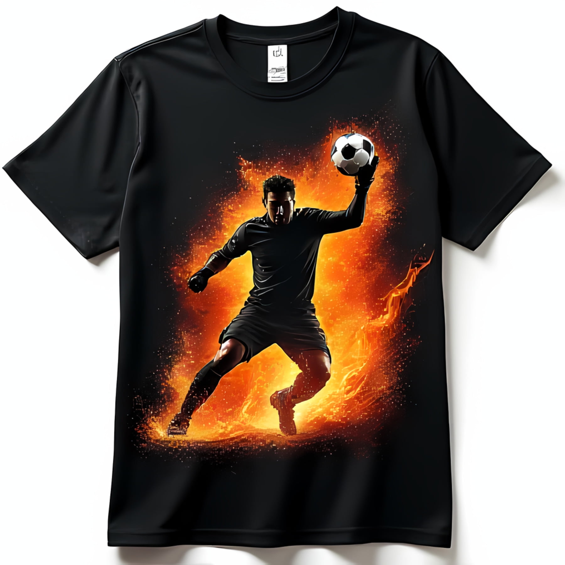 Black T-Shirt with Fiery Soccer Player Diving to Catch Ball - Walmart.com
