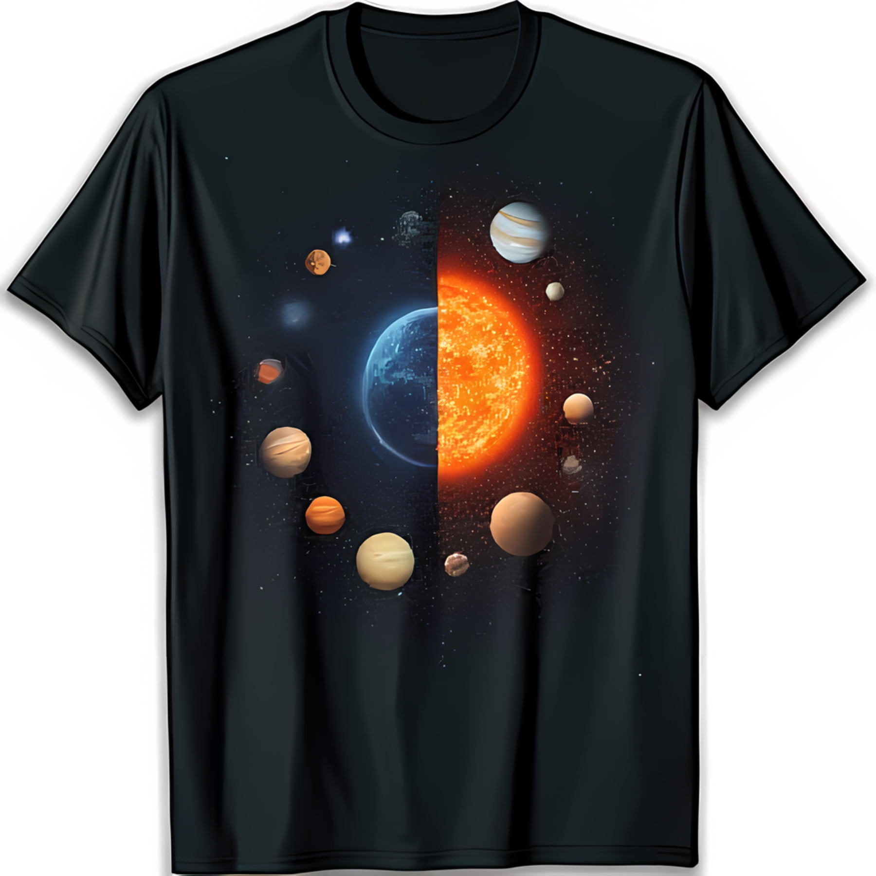 Black T-Shirt with Fiery Sun and Solar System Planet Graphic - Walmart.com