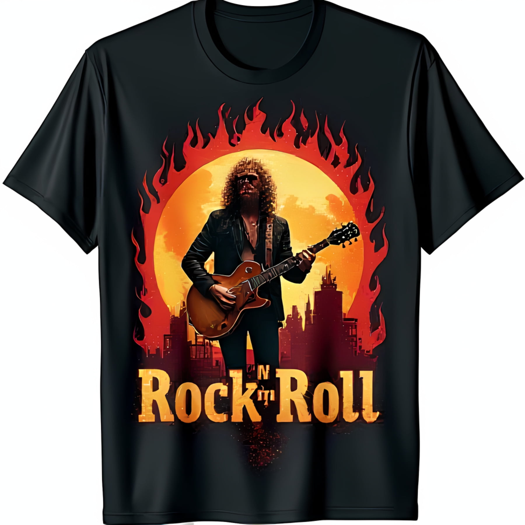 Black T-Shirt with Fiery Sunset & Bold Rock n Roll Design - Walmart.com