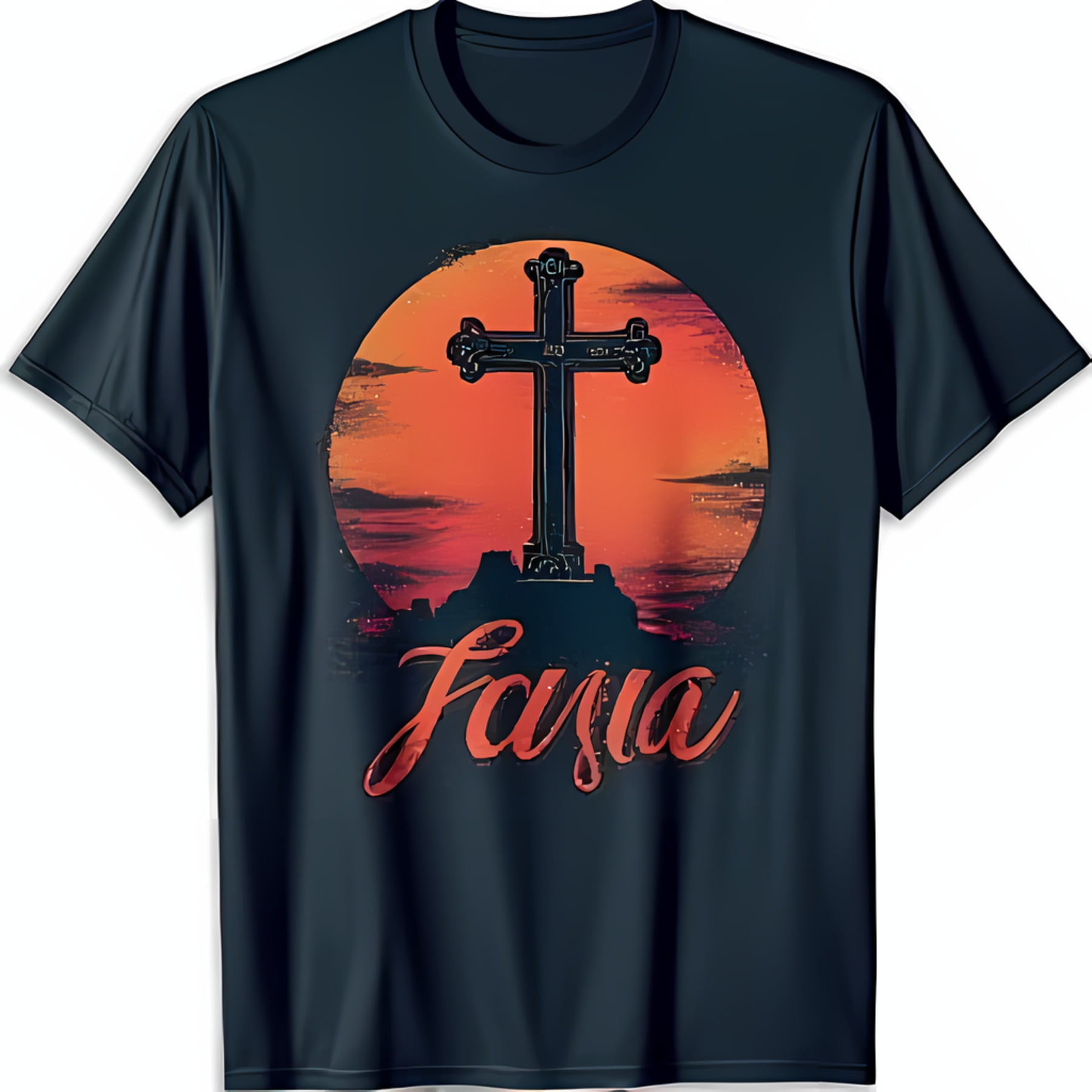 Black T-Shirt with Fiery Sunset Design and Faith in Bold Cursive ...