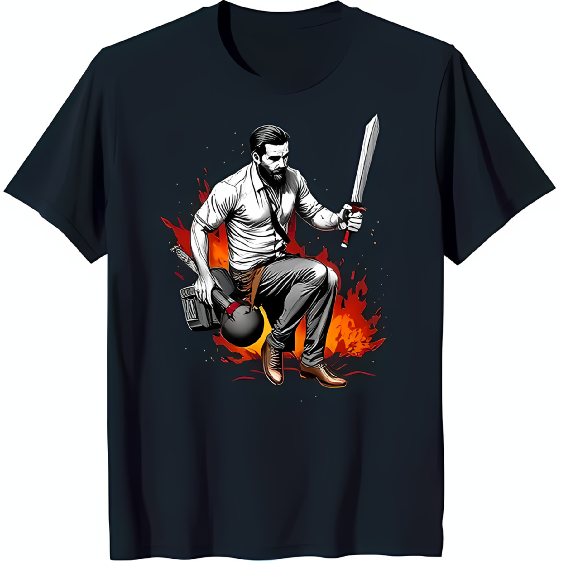 Black T-Shirt with Fiery Wielding Hero Graphic Design - Walmart.com