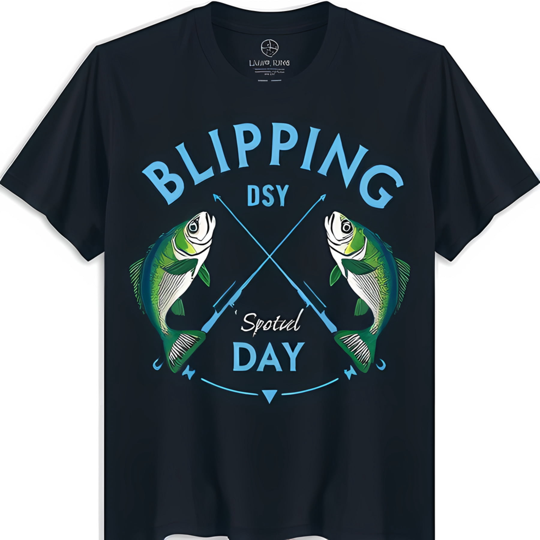 Black T-Shirt with Fish Design Crossed Rods & 'BLIPPING DSY SPOTIEL DAY ...